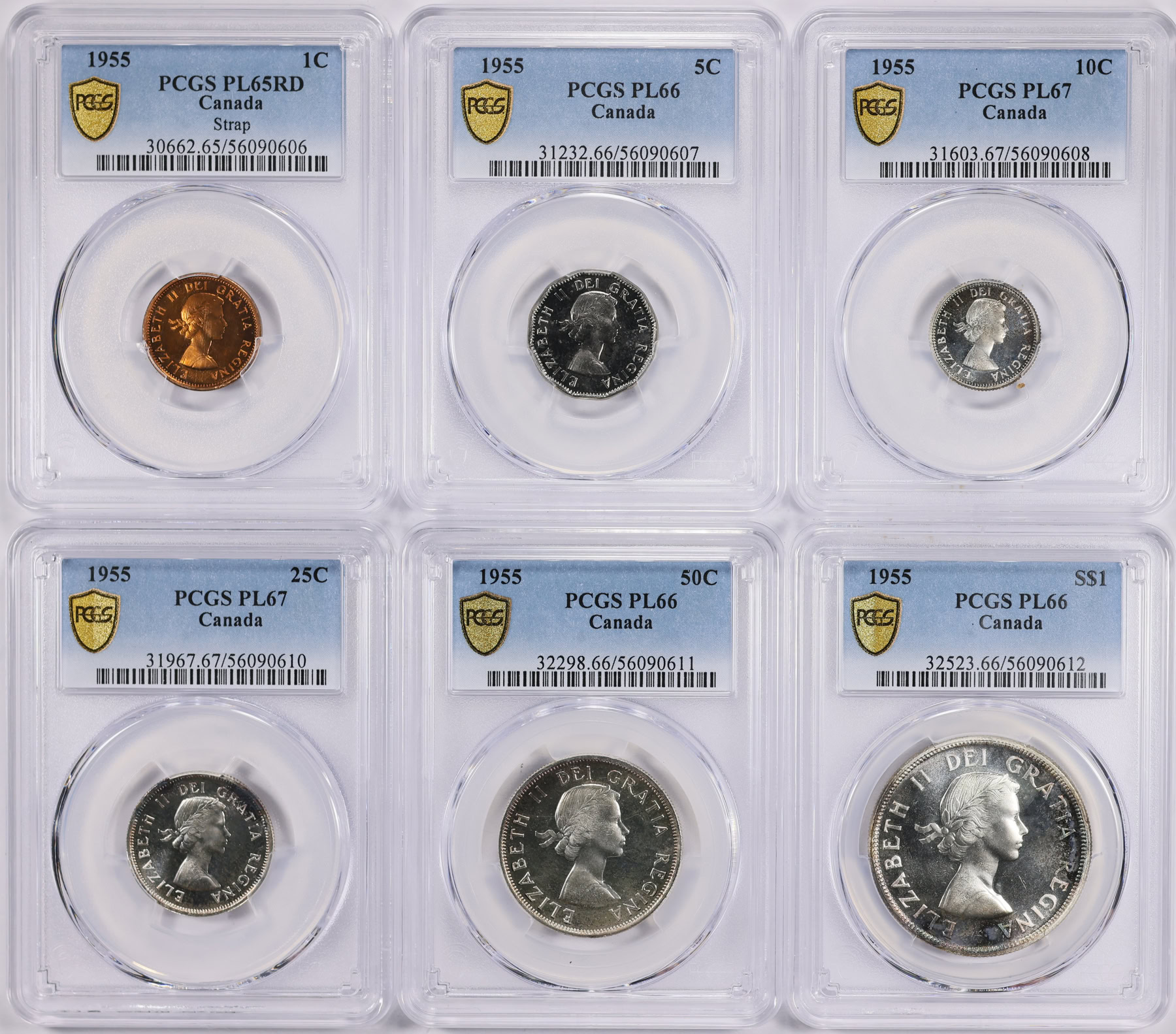 Canada 1955 1c-$1 Prooflike Mint Set PCGS PL-65 RD to PL-67 (6 Coins ...