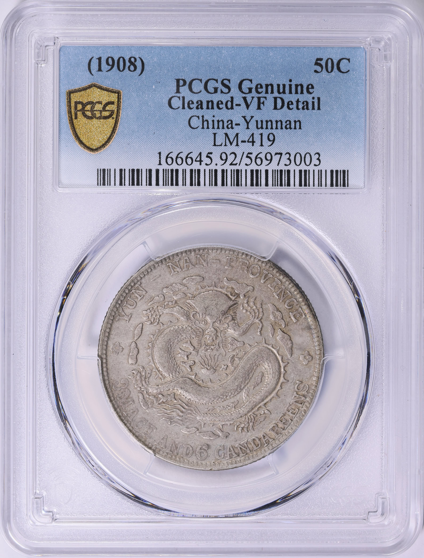 China - Yunnan Province ND (1908) Silver 3 Mace 6 Candareens (50 Cents) Y-253 PCGS Genuine VF ...