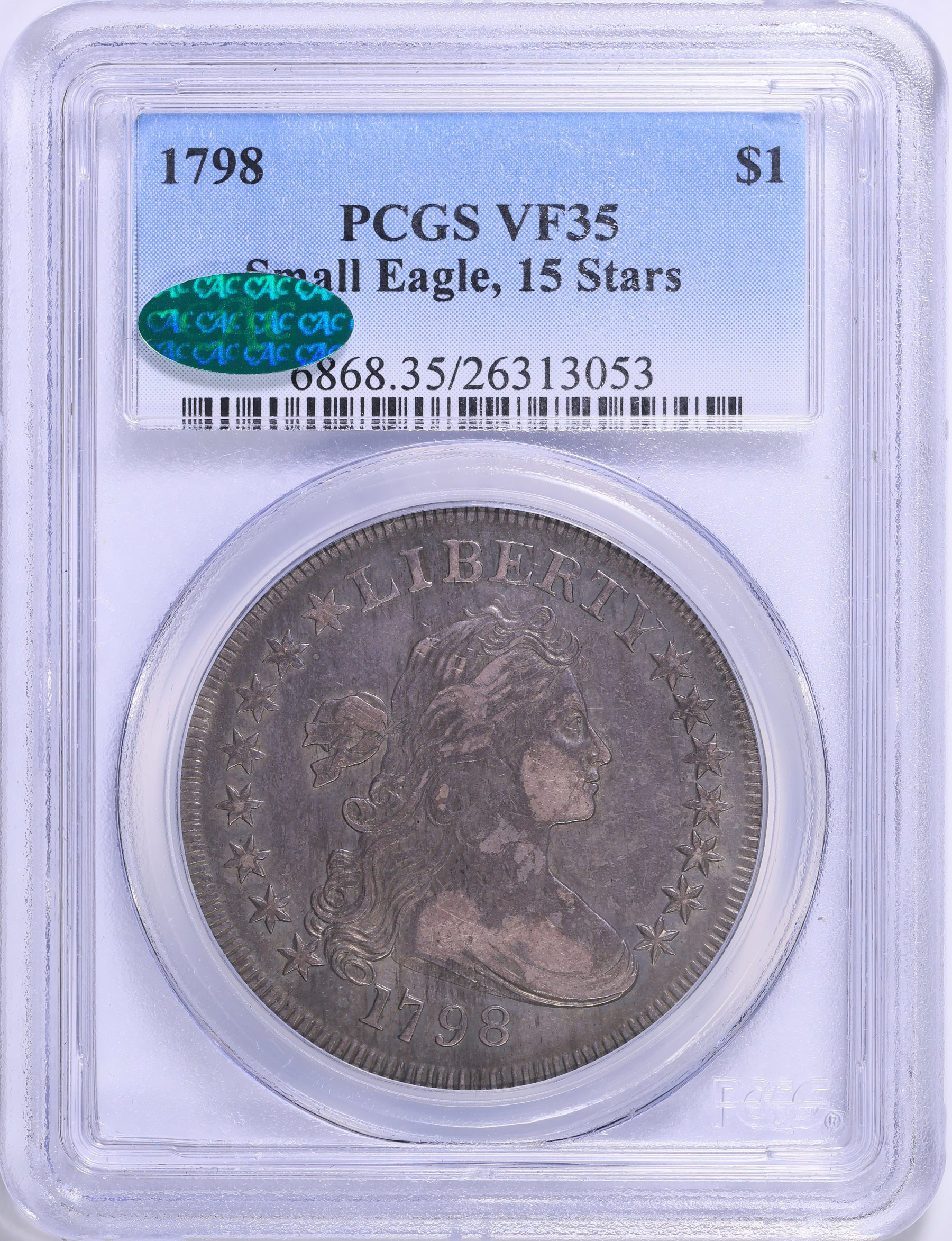 1798 Draped Bust Silver Dollar Small Eagle, 15 Stars PCGS VF-35 (CAC Green) (Item 1843304 ...