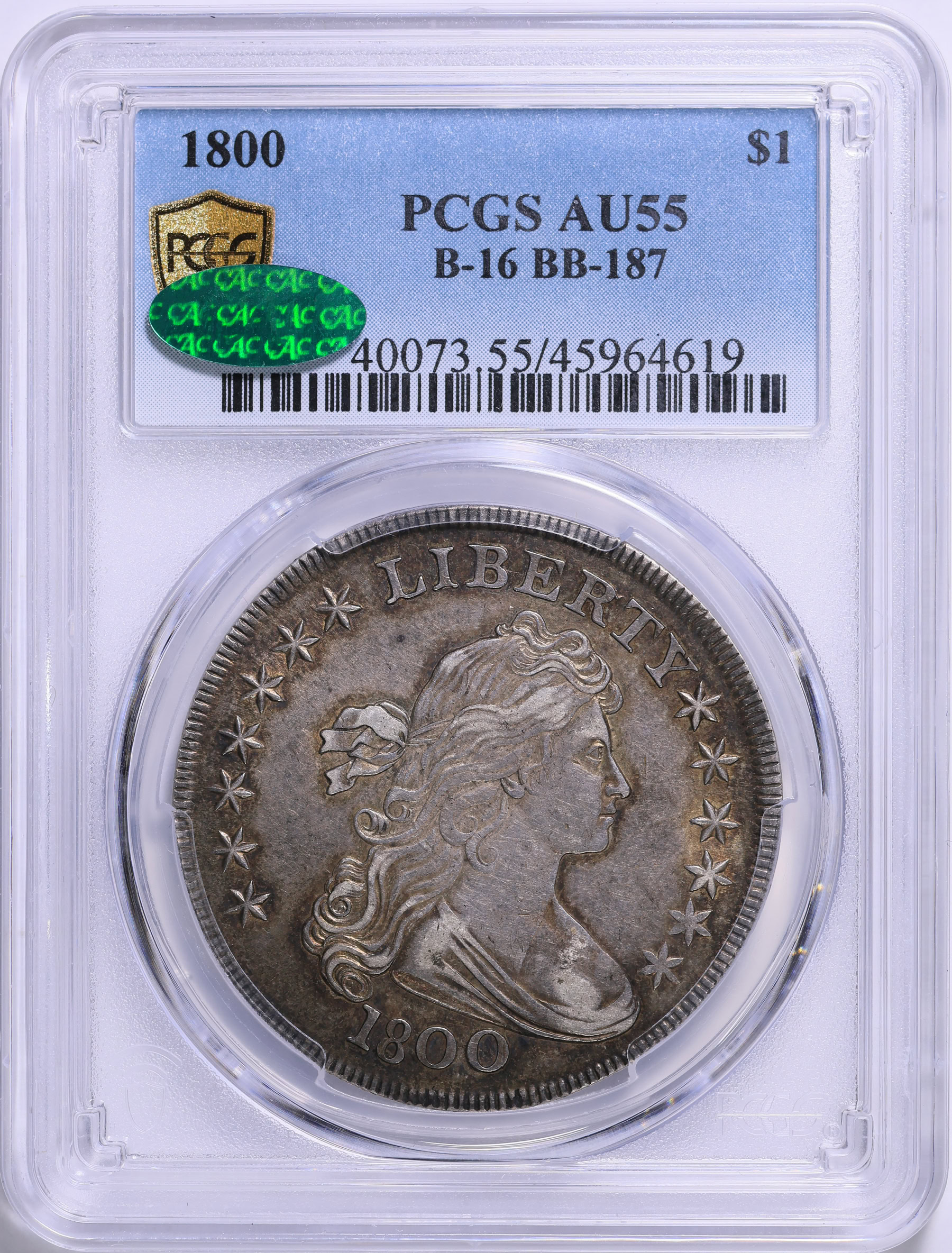 1800 Draped Bust Silver Dollar B-16 BB-187 PCGS AU-55 (CAC Green) (Item ...