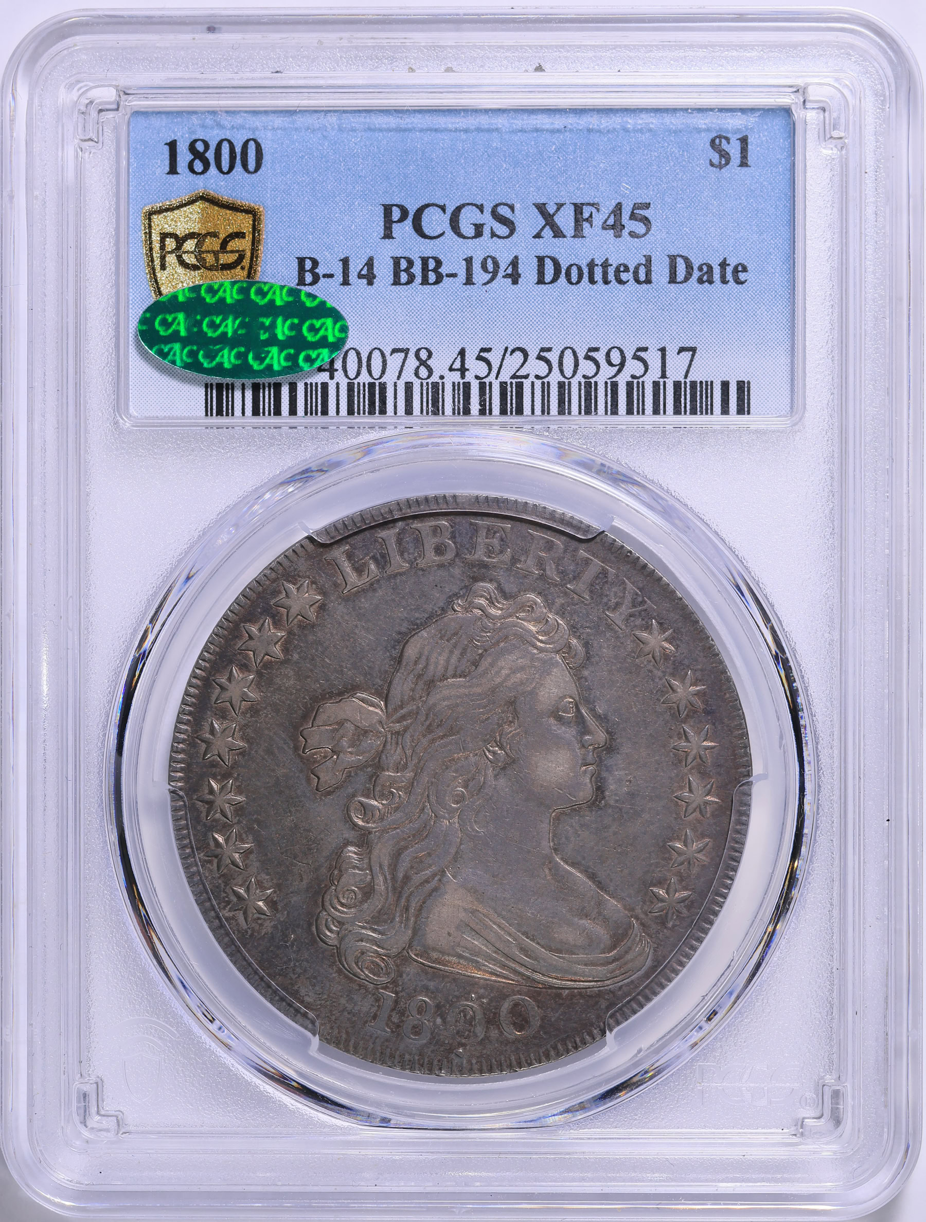 1800 Draped Bust Silver Dollar B-14 BB-194 Dotted Date PCGS XF-45 (CAC ...