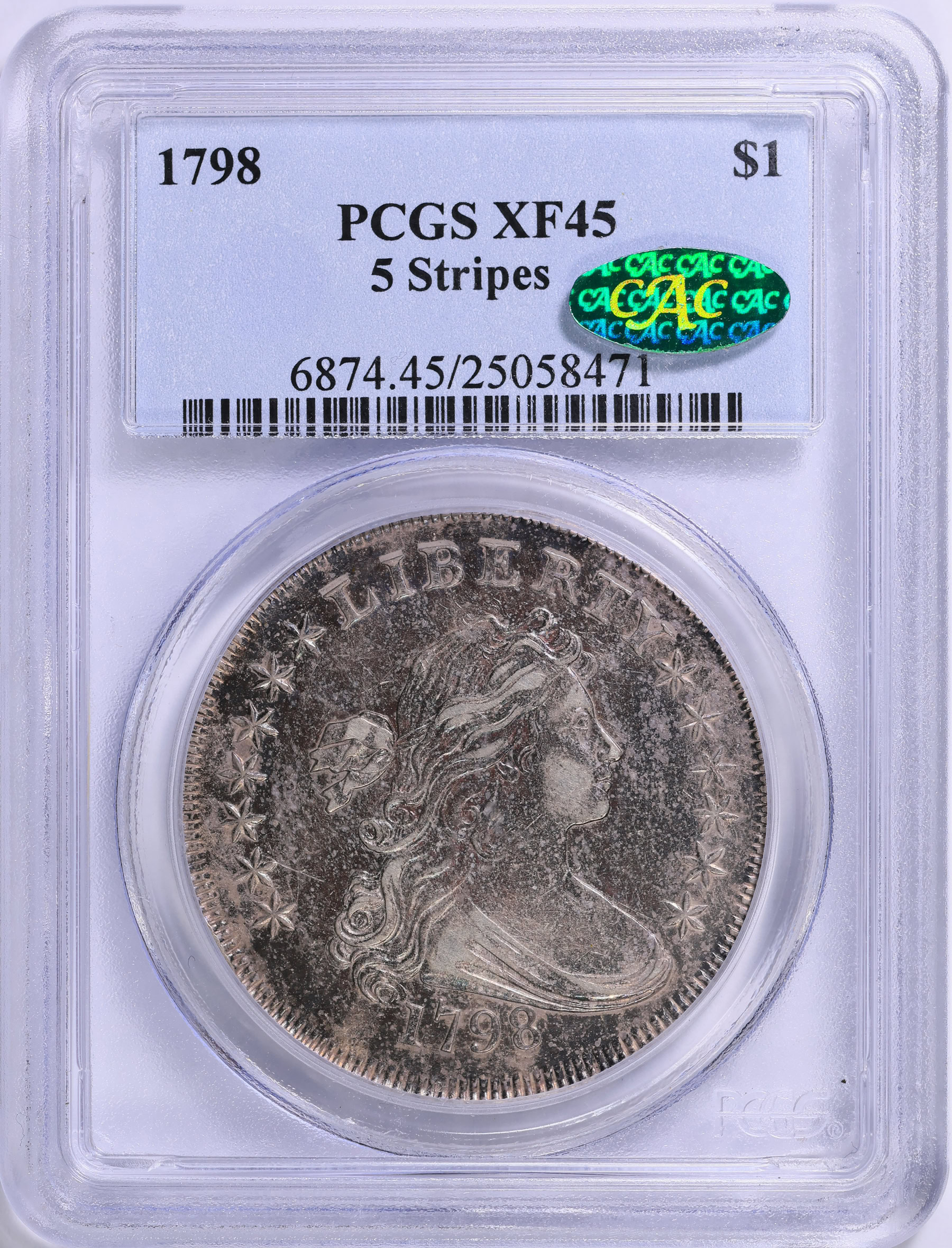 1798 Draped Bust Silver Dollar 5 Vertical Lines PCGS XF-45 (CAC Green ...