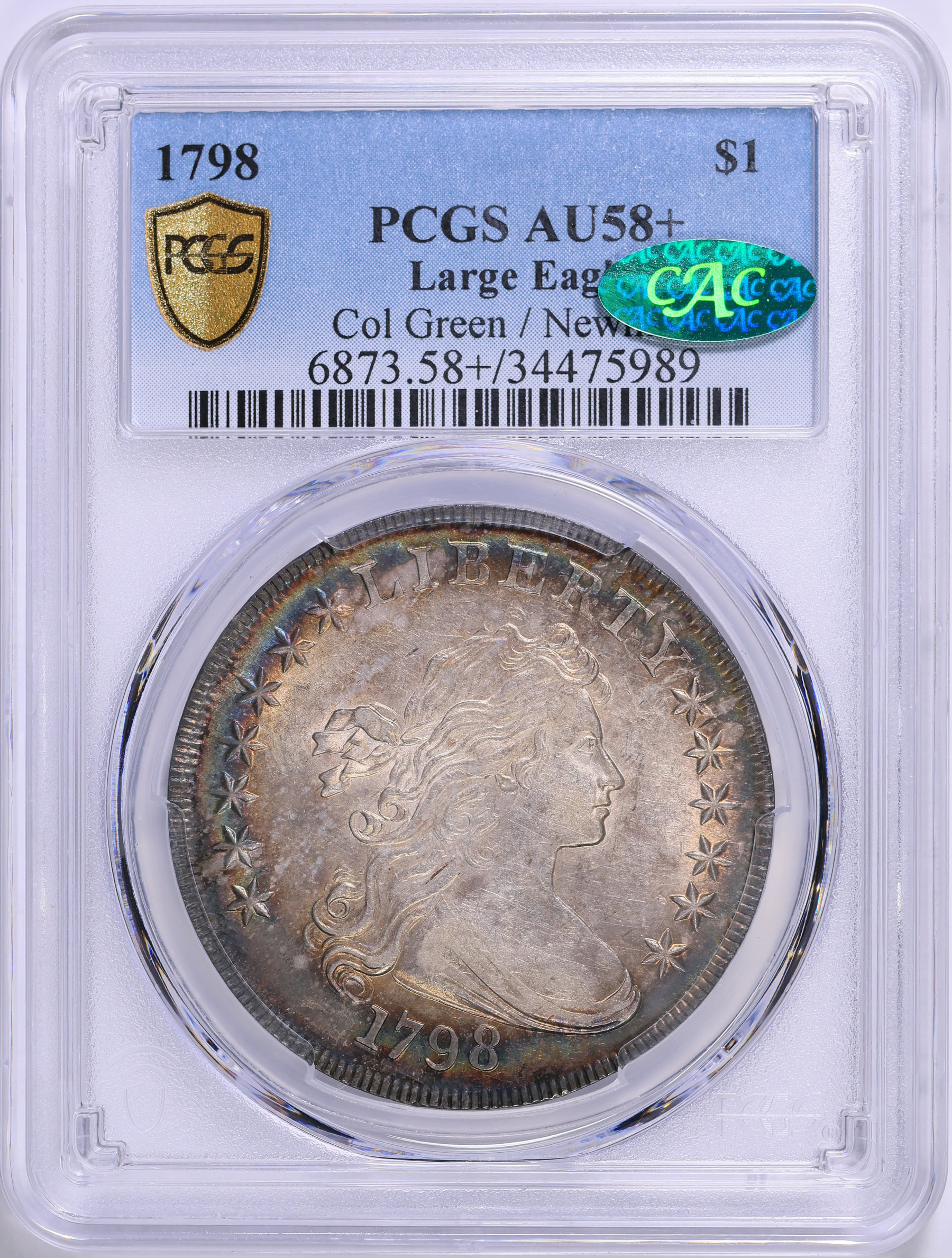 1798 Draped Bust Silver Dollar Large Eagle PCGS AU-58+ (CAC Green) (Toned) (Col. Green/Newman ...