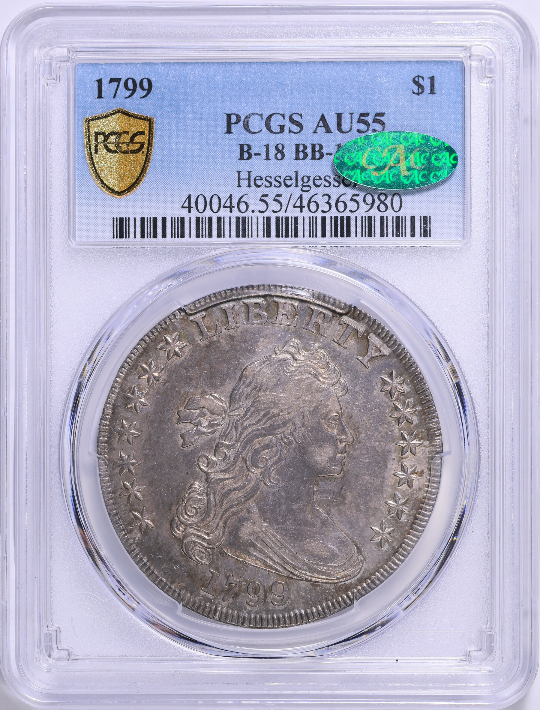 1799 Draped Bust Silver Dollar B-18 BB-154 PCGS AU-55 (CAC Green ...