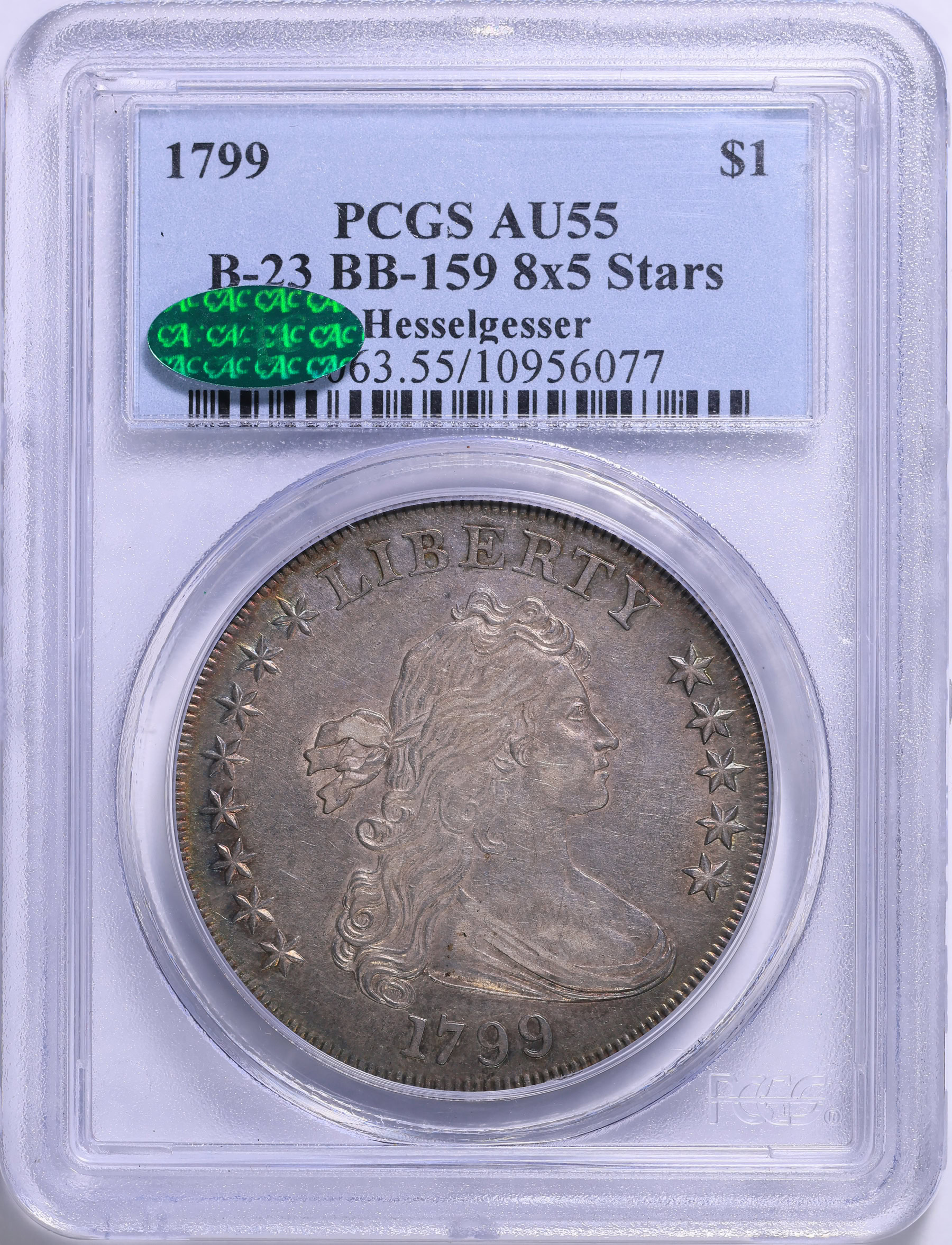 1799 Draped Bust Silver Dollar B-23 BB-159 8x5 Stars PCGS AU-55 (CAC ...
