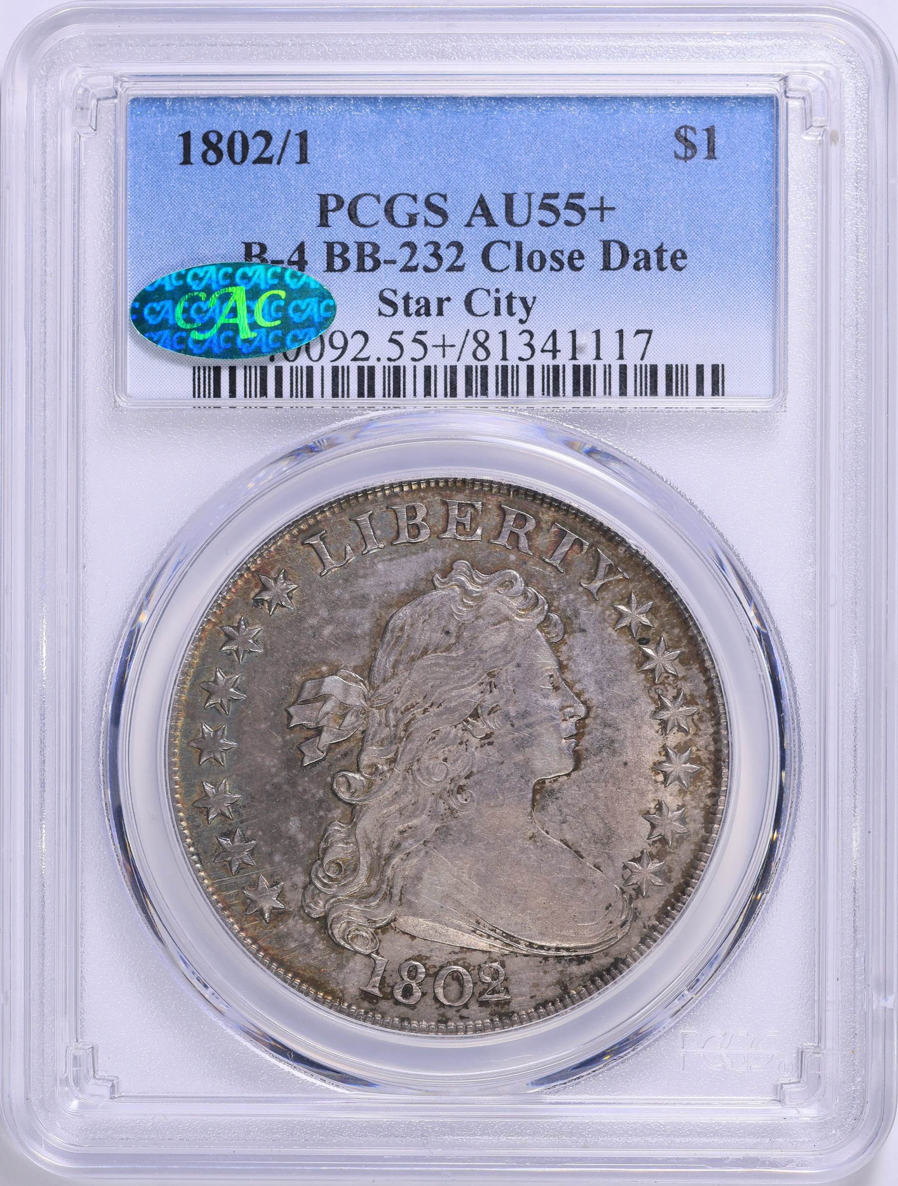 1802/1 Draped Bust Silver Dollar B-4 BB-232 Close Date PCGS AU-55+ (CAC ...