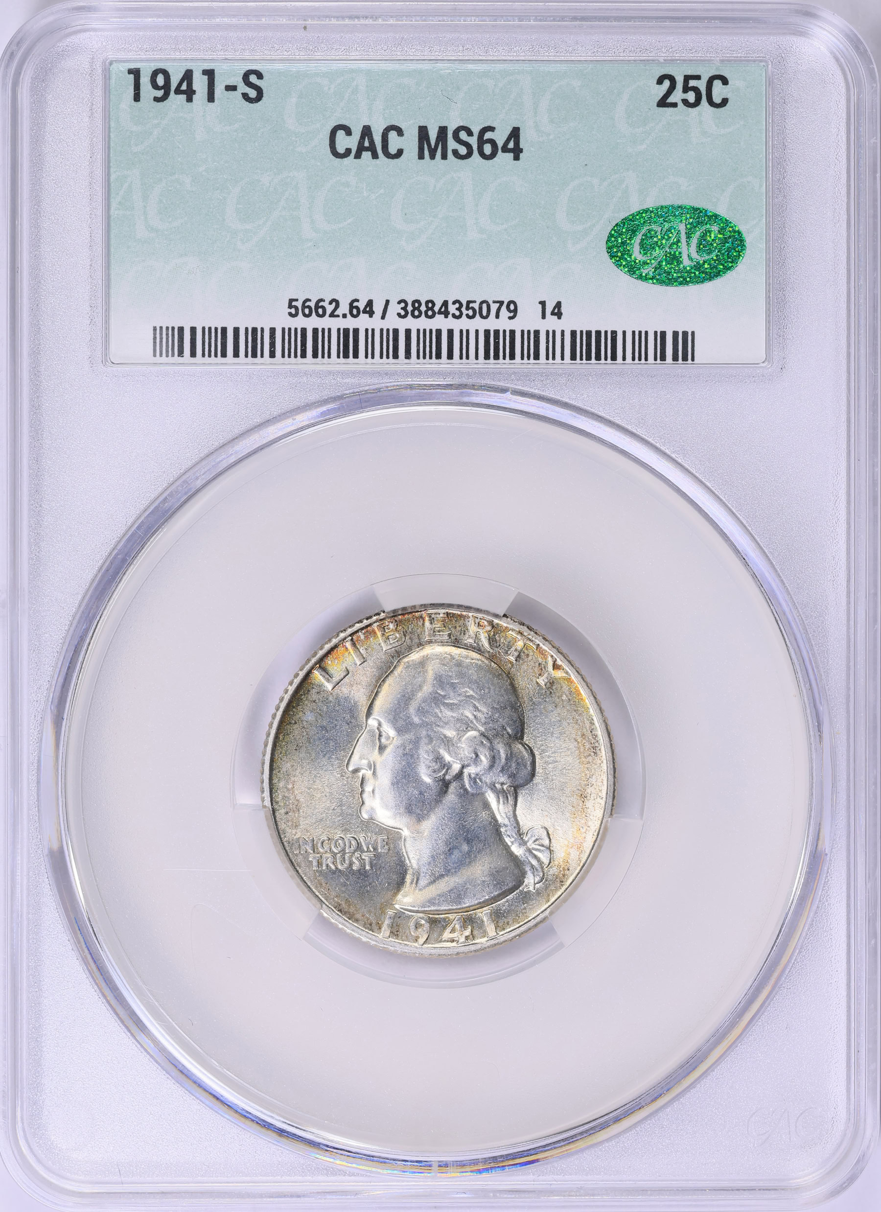 1941-S Washington Quarter CACG MS-64 (Toned) (Item 1843376) | GreatCollections Coin Auctions