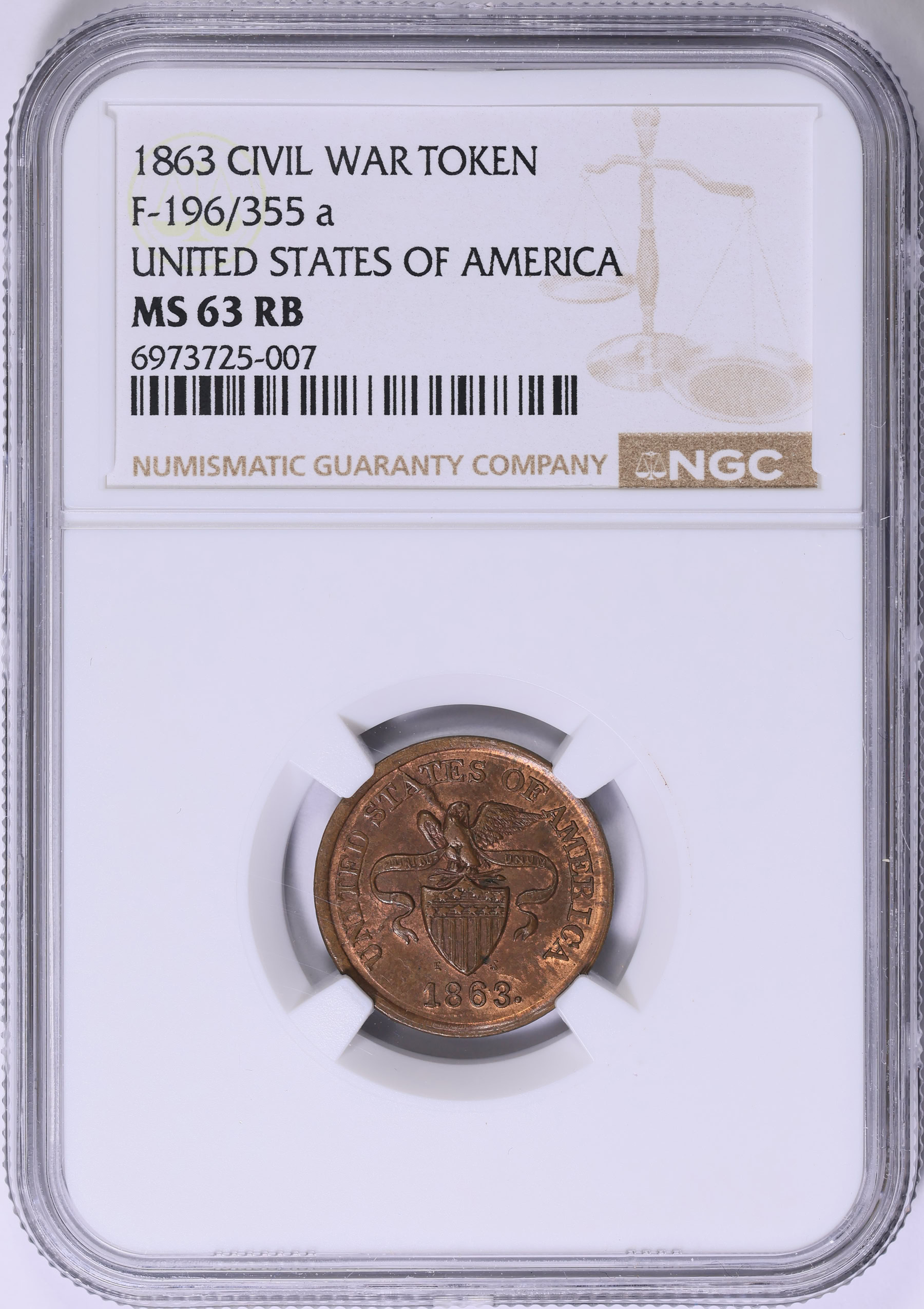 1863 United States of America Civil War Token F-196/355a NGC MS-63 RB ...