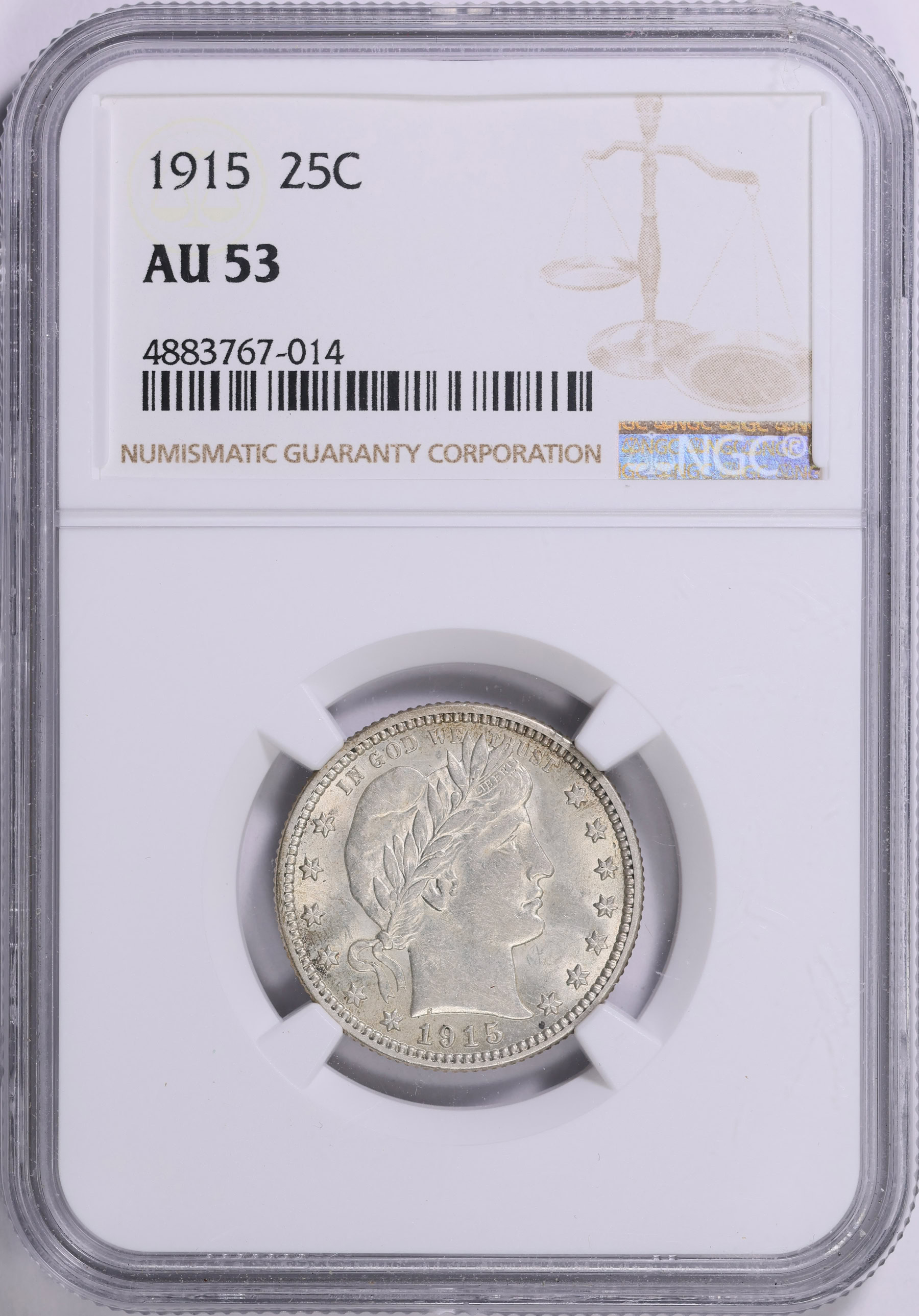 1915 Barber Quarter NGC AU-53 (Item 1843844) | GreatCollections Coin ...