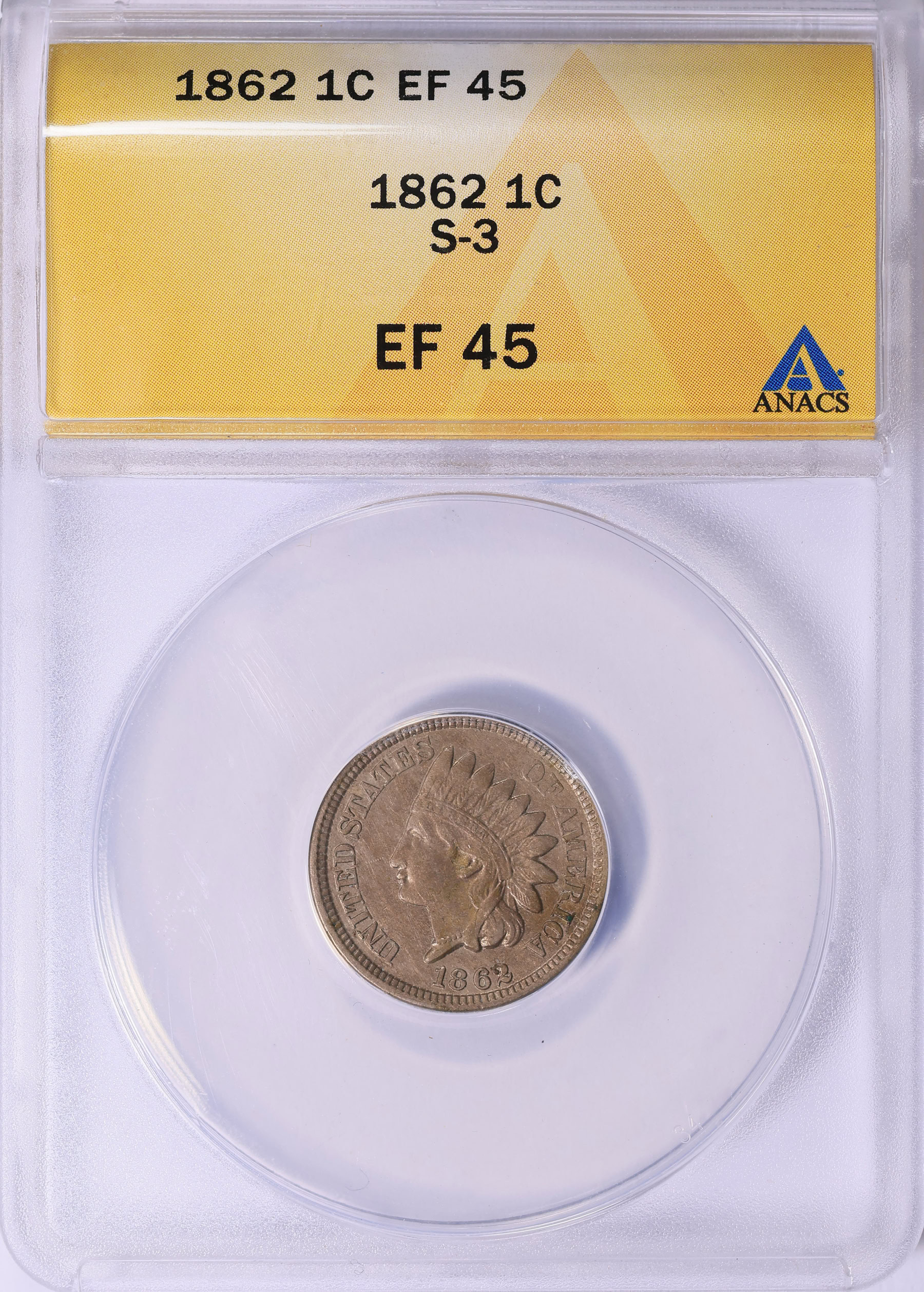 1862 Indian Cent S-3 ANACS XF-45 | ANACS Cert #5351362 | GreatCollections Coin Auctions Item ...