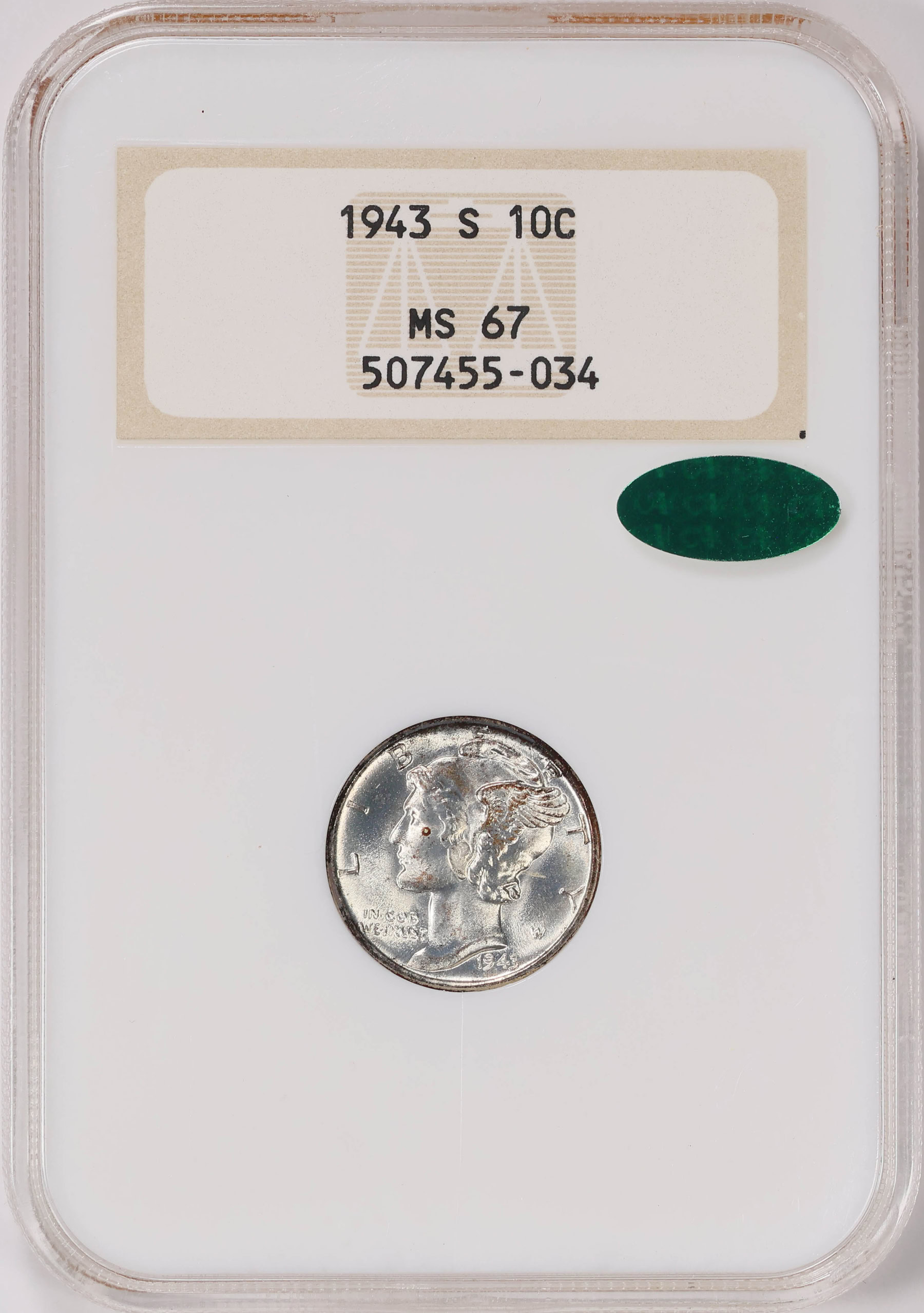 1943-S Mercury Dime NGC MS-67 (CAC Green) OH (Item 1844094) | GreatCollections Coin Auctions