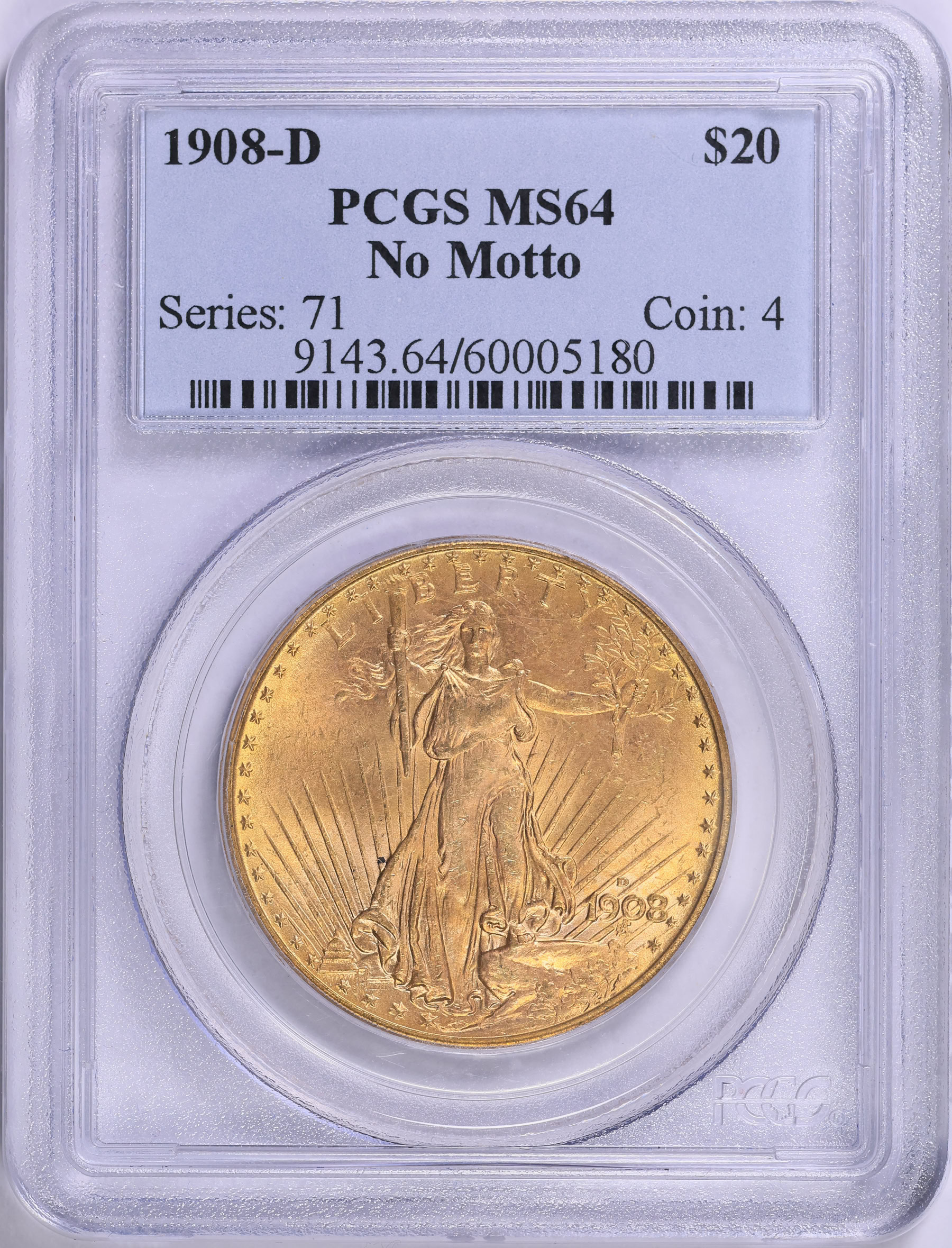 1908-D Saint-Gaudens Gold Double Eagle No Motto PCGS MS-64 (Item 1844150) | GreatCollections ...