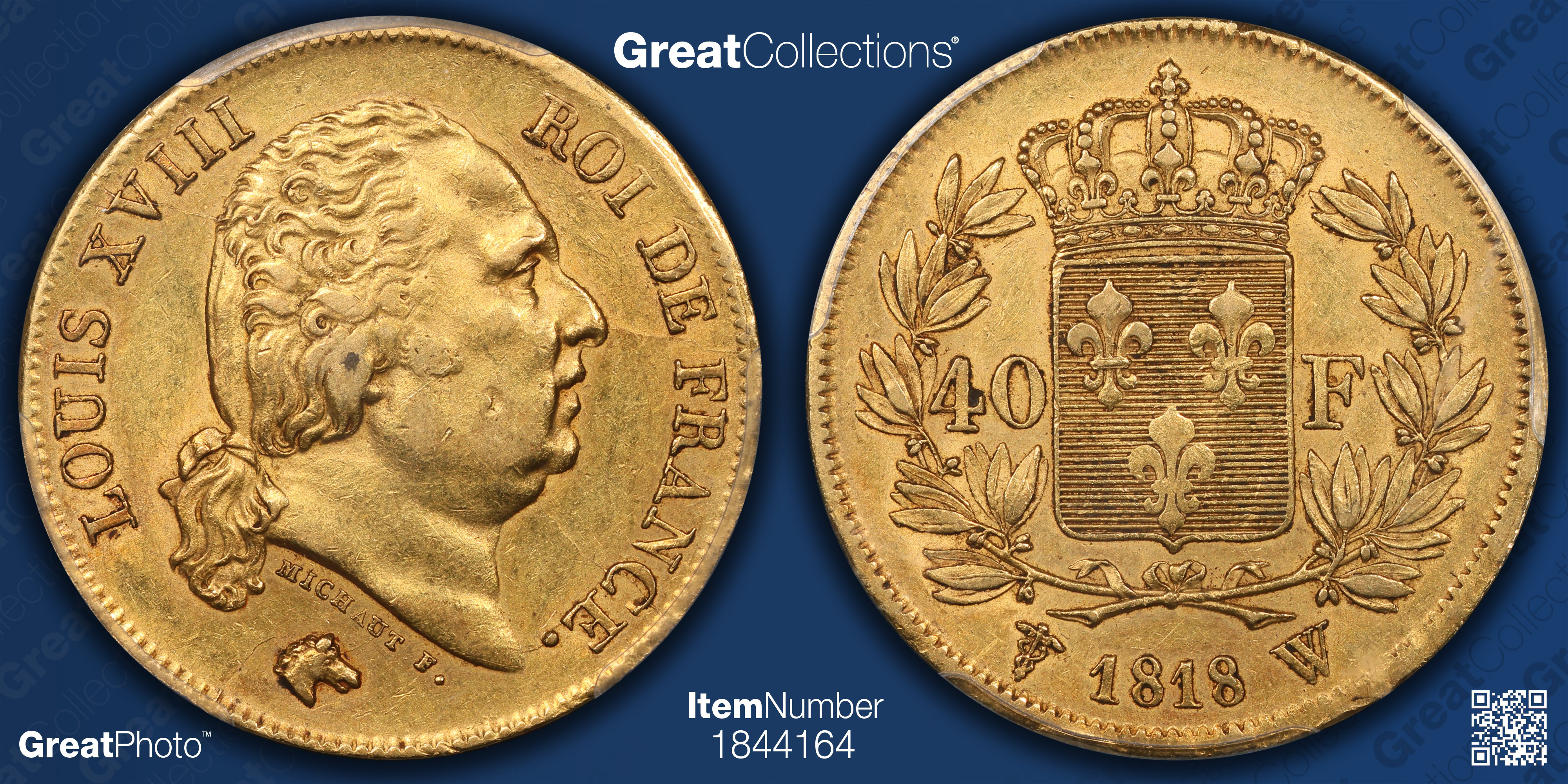 France 1818-W Gold 40 Francs KM-713.6 PCGS AU-55 (AGW = 0.3734 oz ...