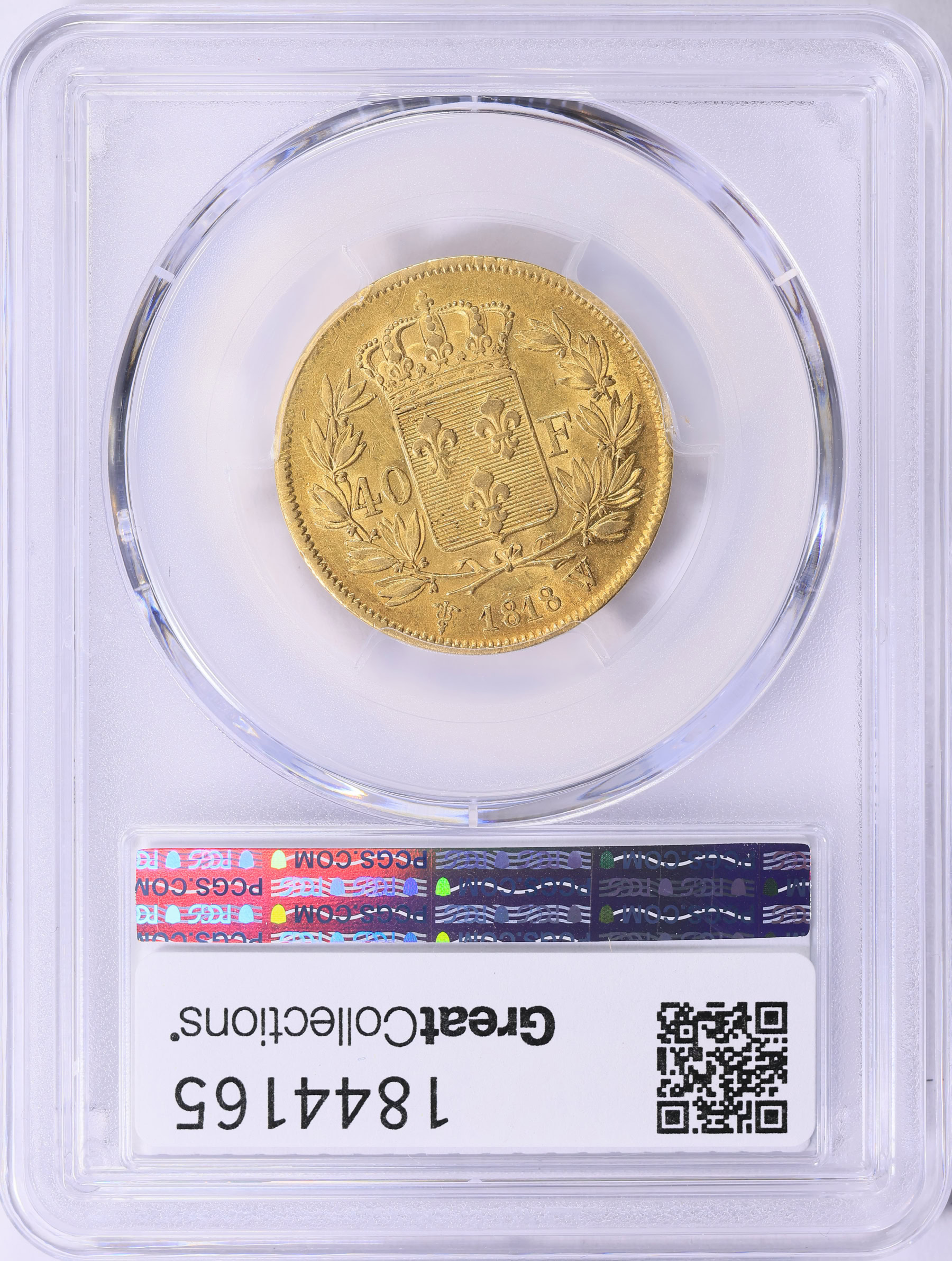 France 1818-W Gold 40 Francs KM-713.6 PCGS AU-53 (AGW = 0.3734 oz ...