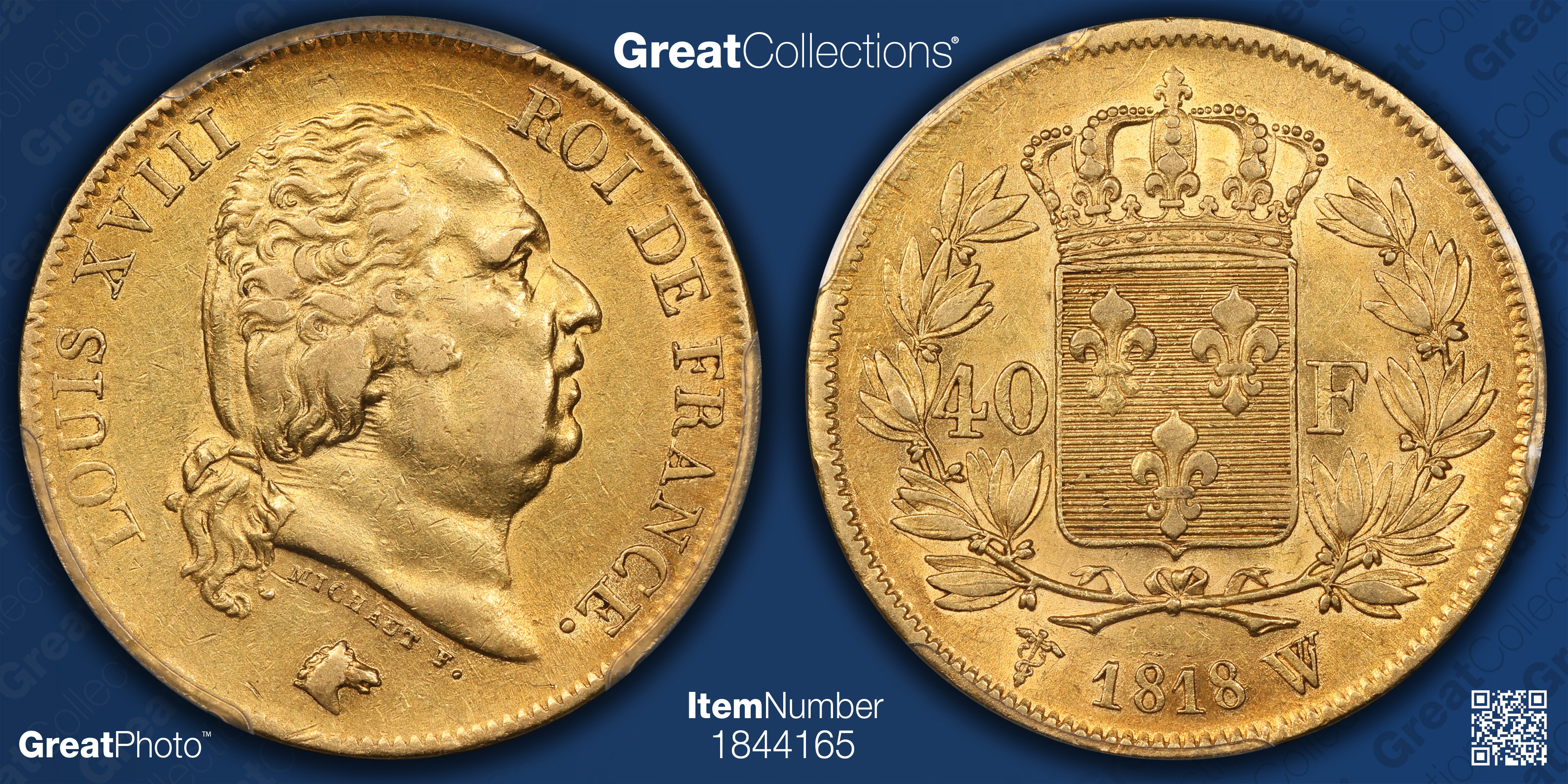 France 1818-W Gold 40 Francs KM-713.6 PCGS AU-53 (AGW = 0.3734 oz ...