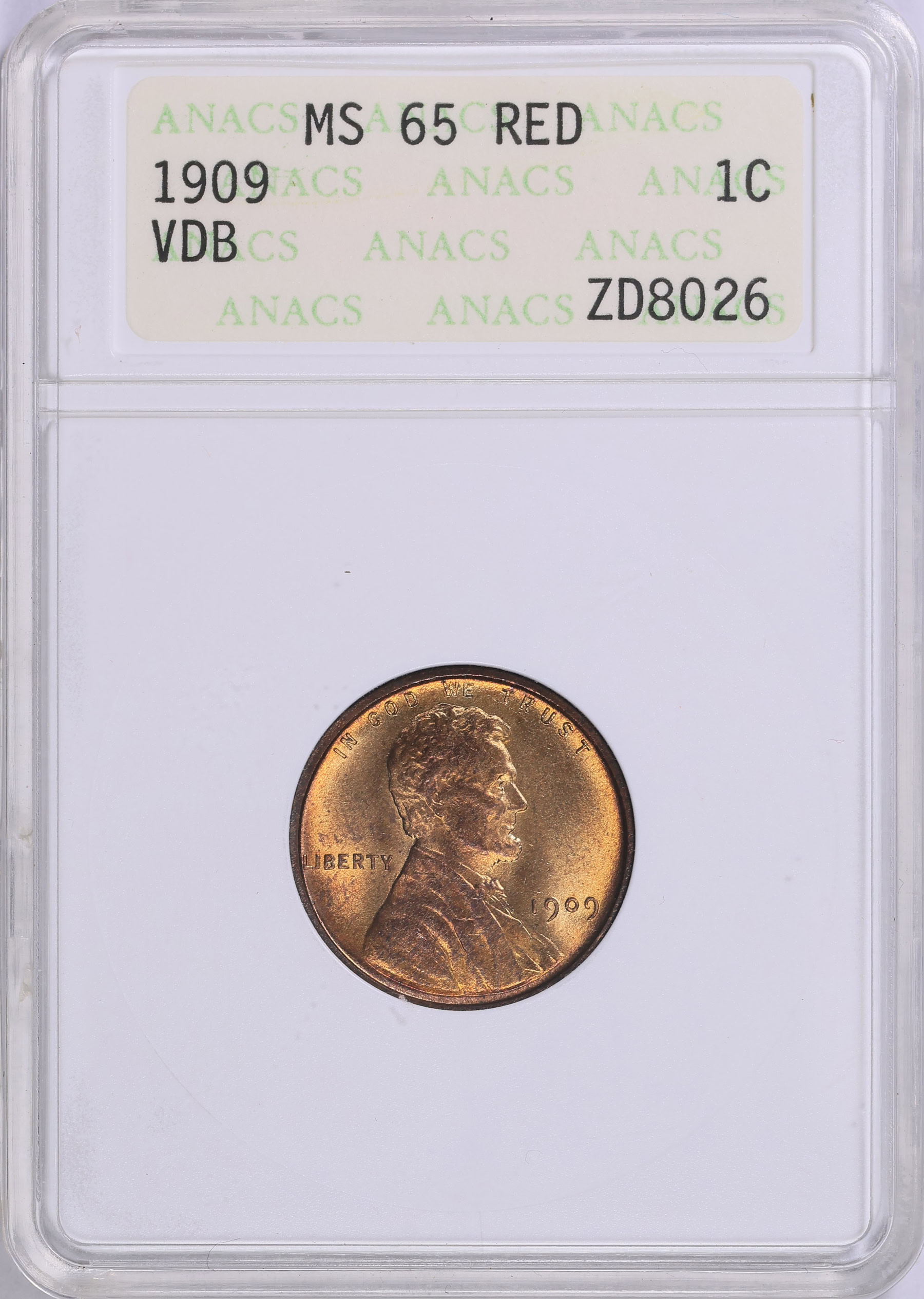 1909 Lincoln Cent V.D.B. ANACS MS-65 RD OH (Item 1844332) | GreatCollections Coin Auctions