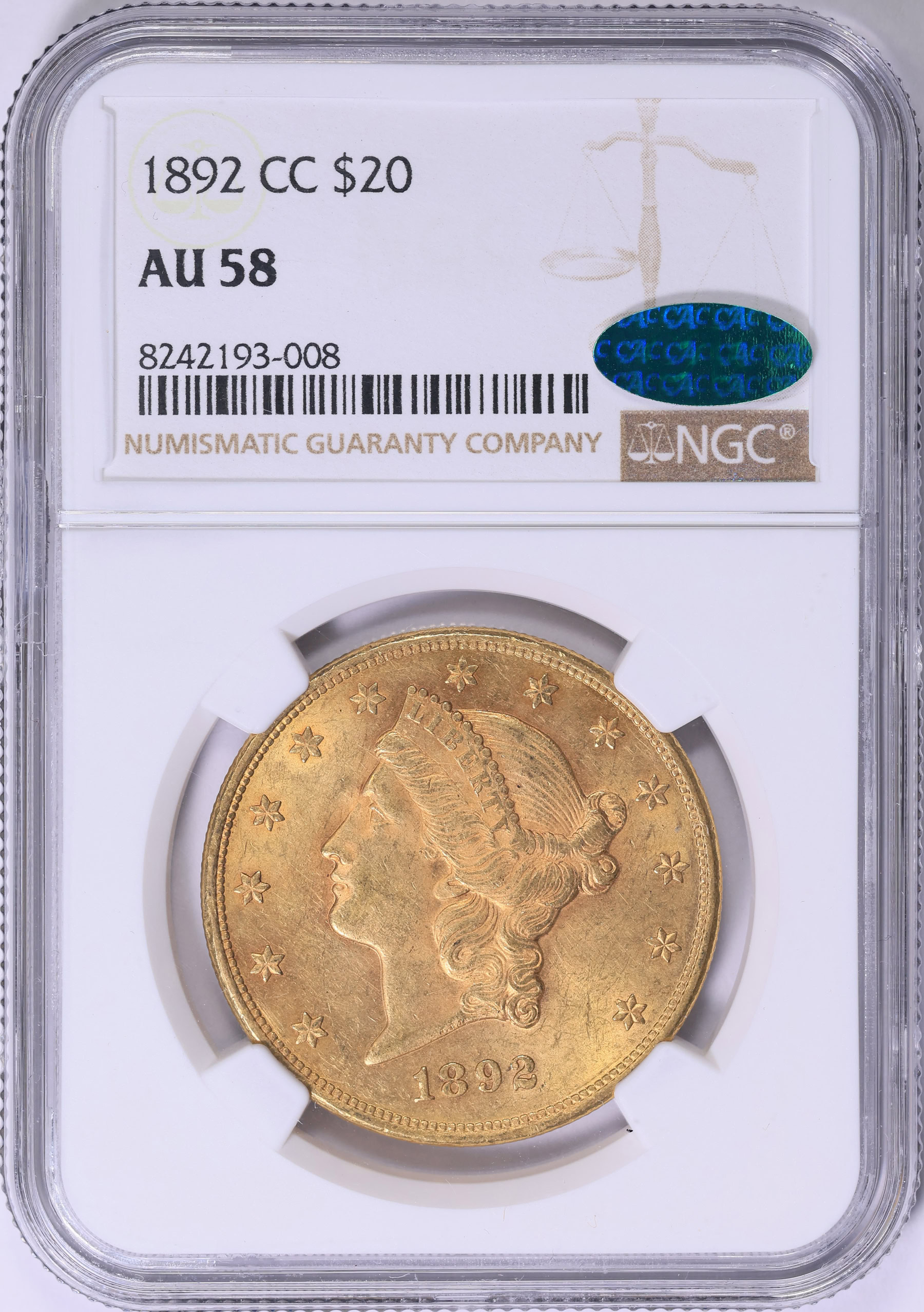 1892-CC Liberty Gold Double Eagle NGC AU-58 (CAC Green) (Item 1844362) | GreatCollections Coin ...
