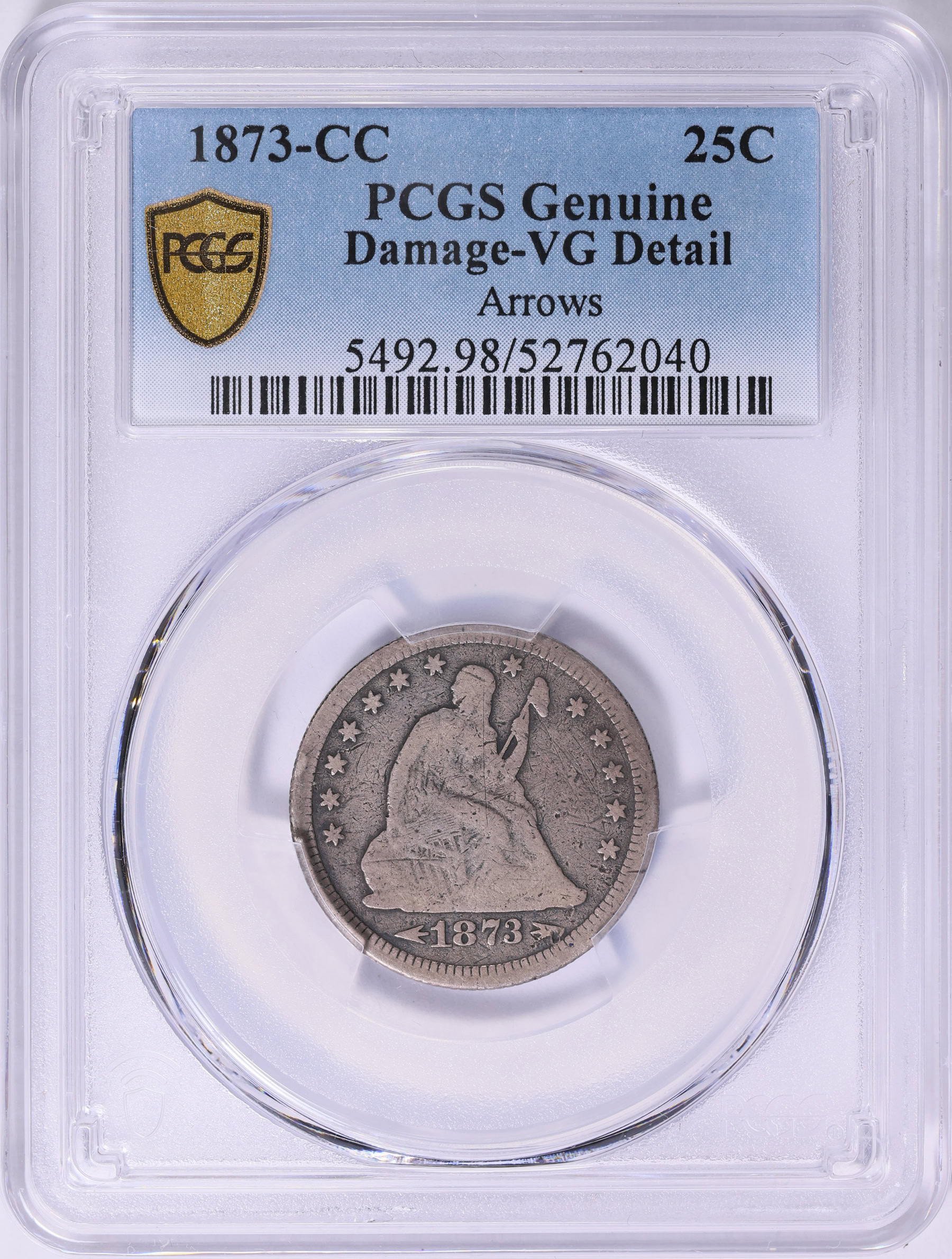 1873-CC Seated Liberty Quarter Arrows PCGS Genuine VG Details (Item 1844410) | GreatCollections ...