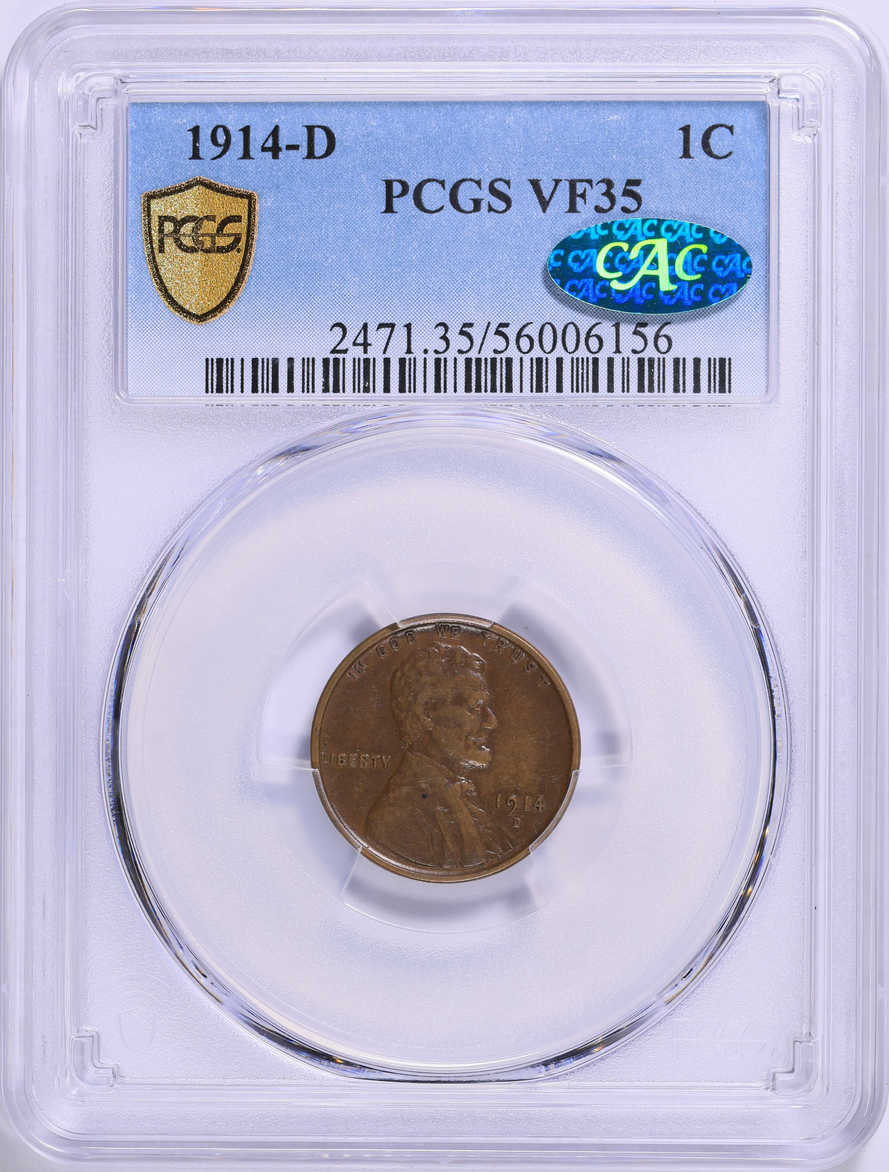 1914-D Lincoln Cent PCGS VF-35 BN (CAC Green) (Item 1844416) | GreatCollections Coin Auctions