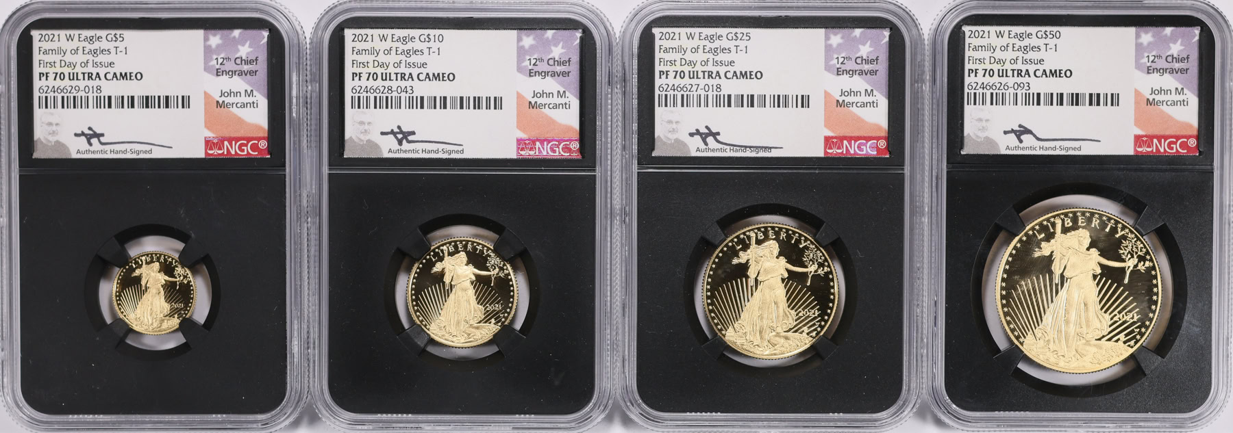 2021-W $5, $10, $25 and $50 Gold American Eagle Set Type 1 First Day of ...