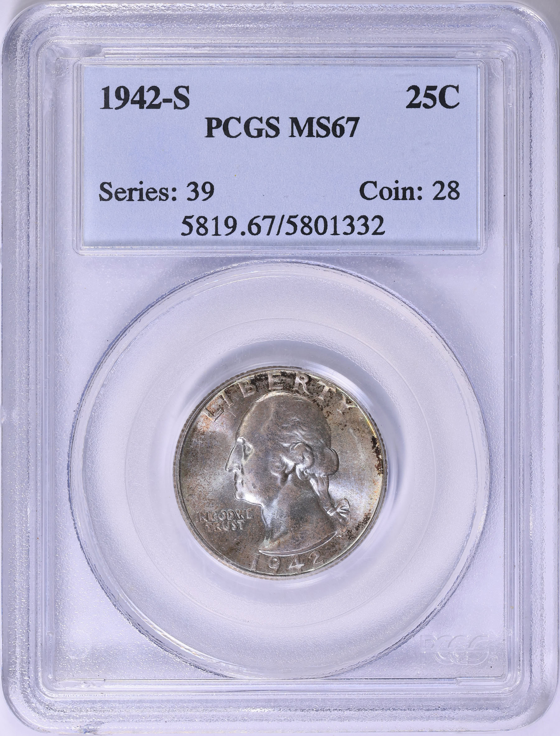 1942-S Washington Quarter PCGS MS-67 (Toned) (Item 1844611) | GreatCollections Coin Auctions