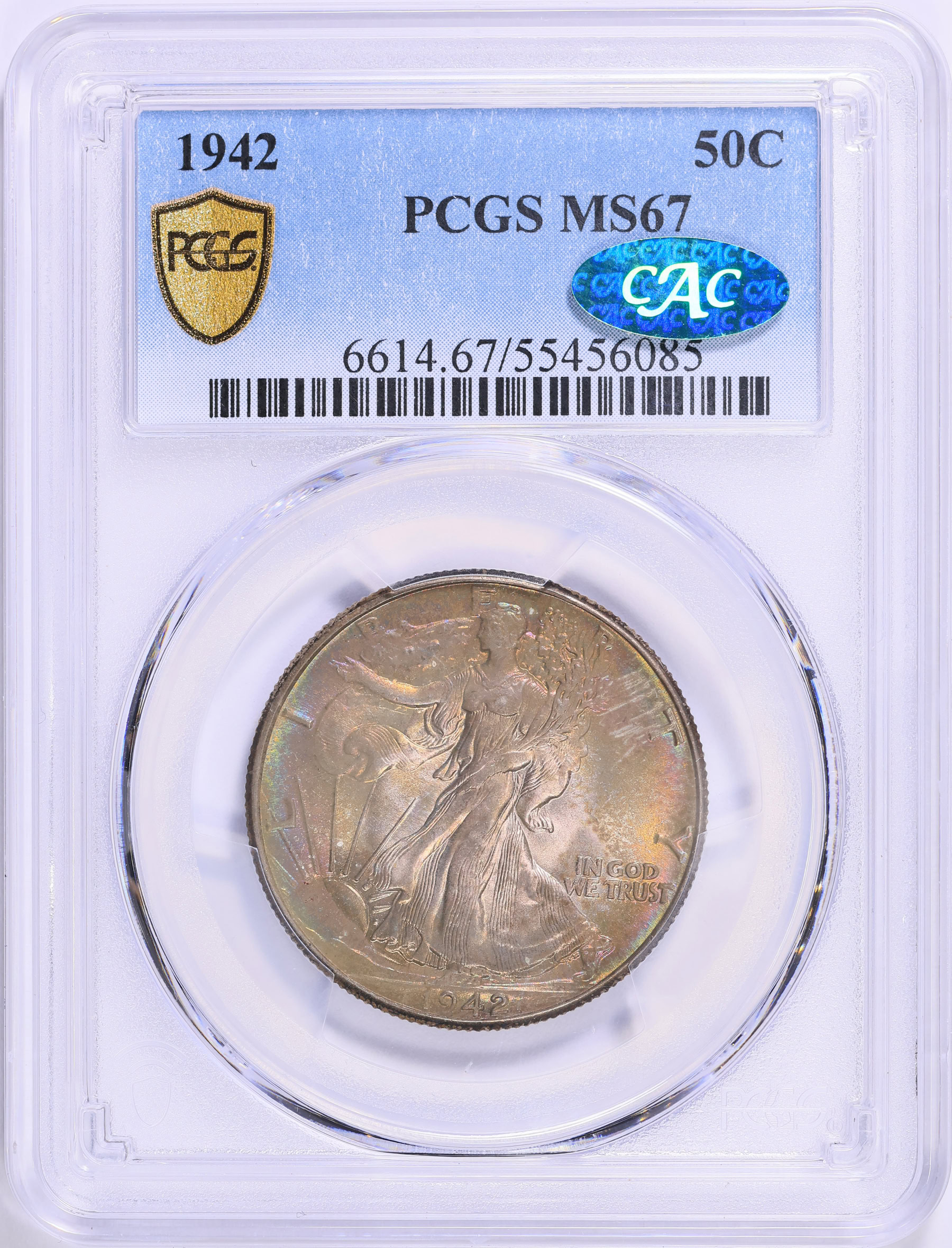 1942 Walking Liberty Half Dollar PCGS MS-67 (CAC Green) (Toned) (Item 1844615 ...