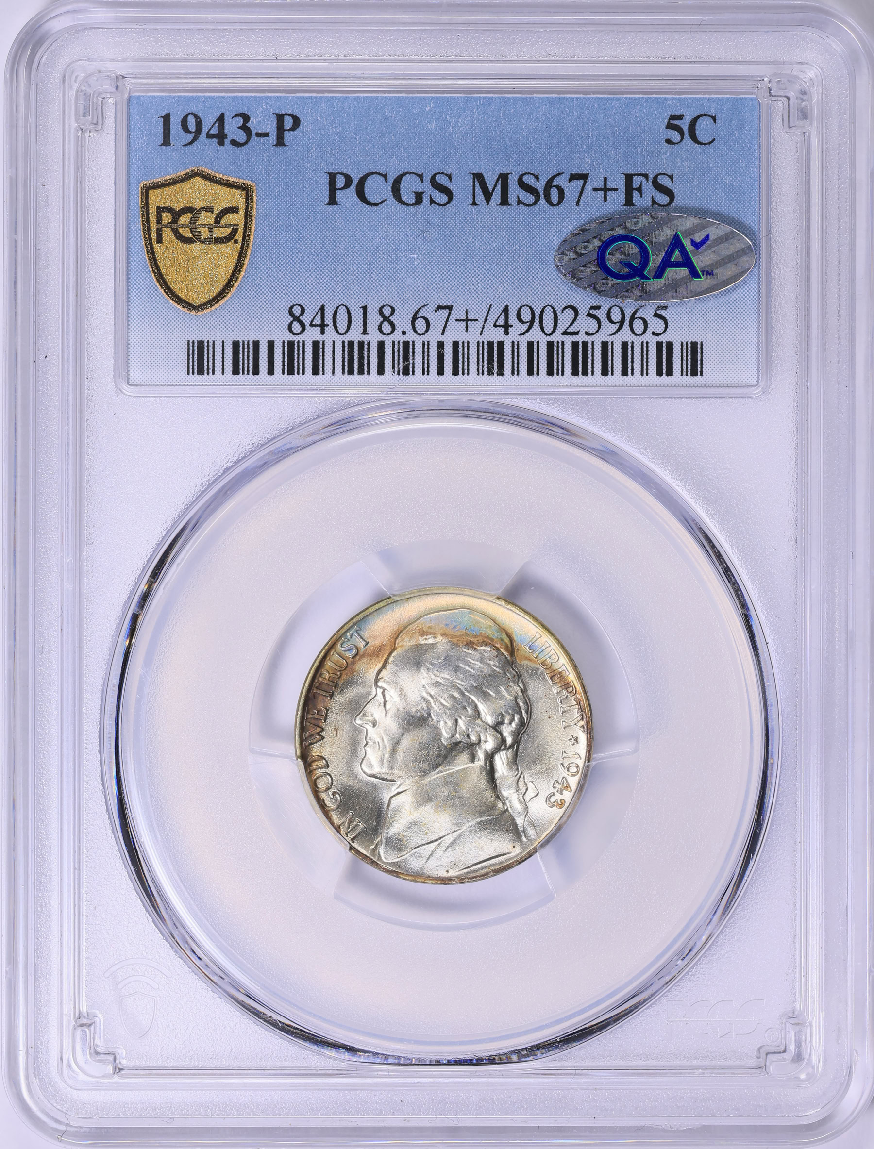 1943-P Jefferson Nickel PCGS MS-67+ FS (QA) (Toned) (Item 1844640) | GreatCollections Coin Auctions