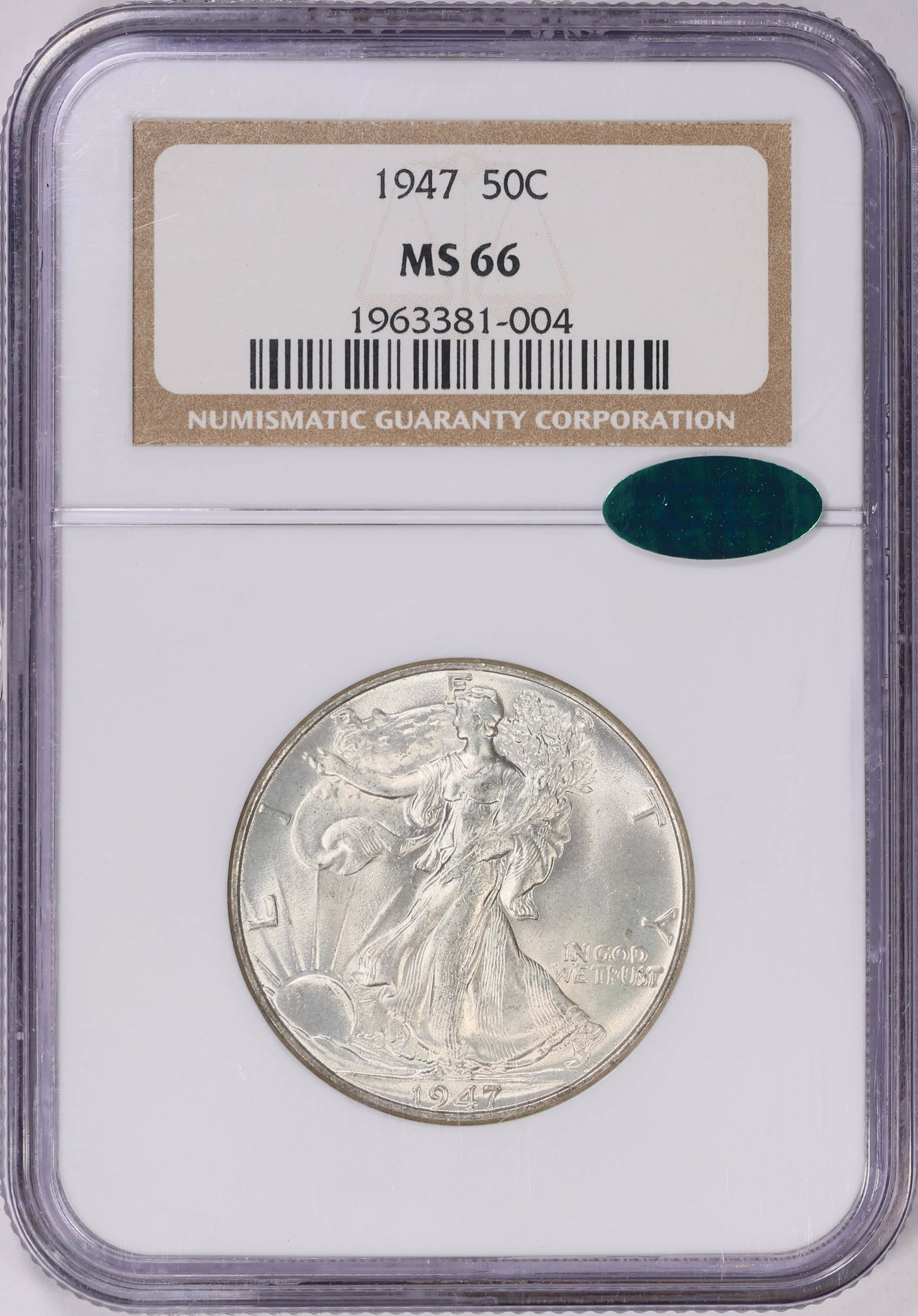 1947 Walking Liberty Half Dollar NGC MS-66 (CAC Green) (Item 1844666) | GreatCollections Coin ...