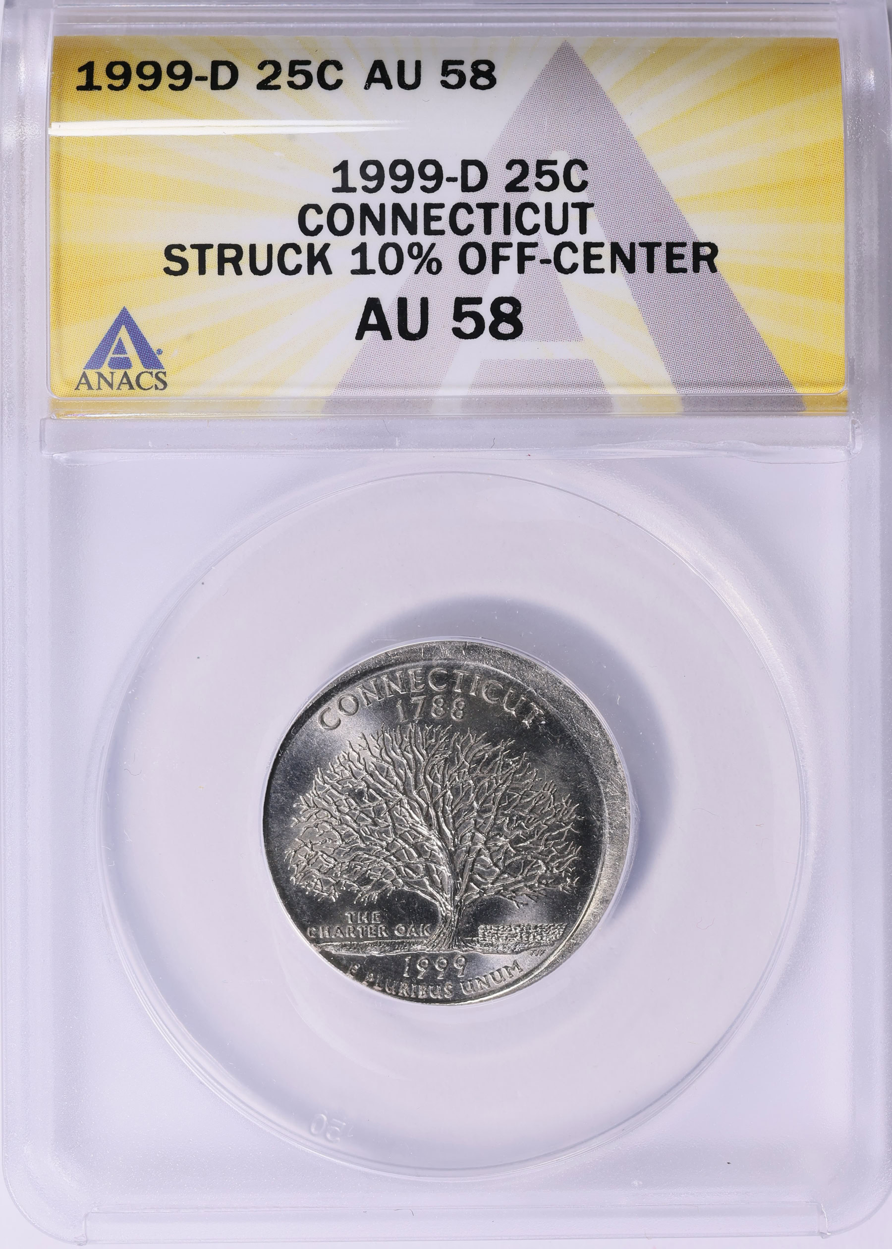Mint Error 1999-D Connecticut State Quarter Struck 10% Off Center ANACS ...