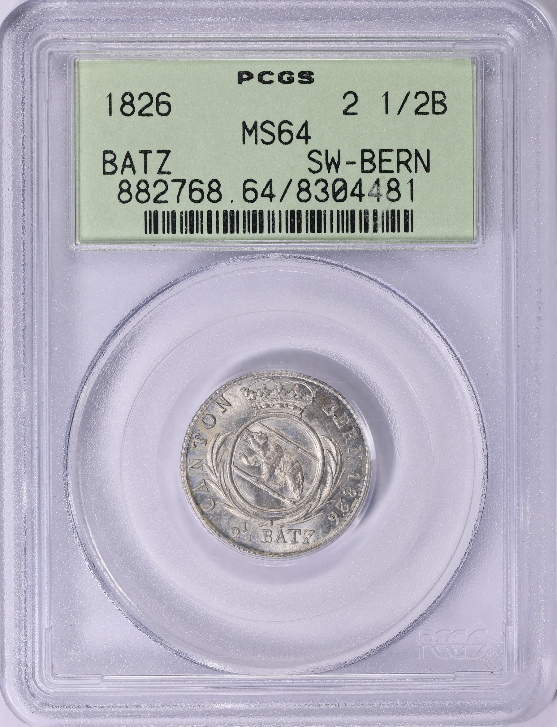 Switzerland - Bern 1826 Silver 2 1/2 Batzen BATZ KM-195.1 PCGS MS-64 ...