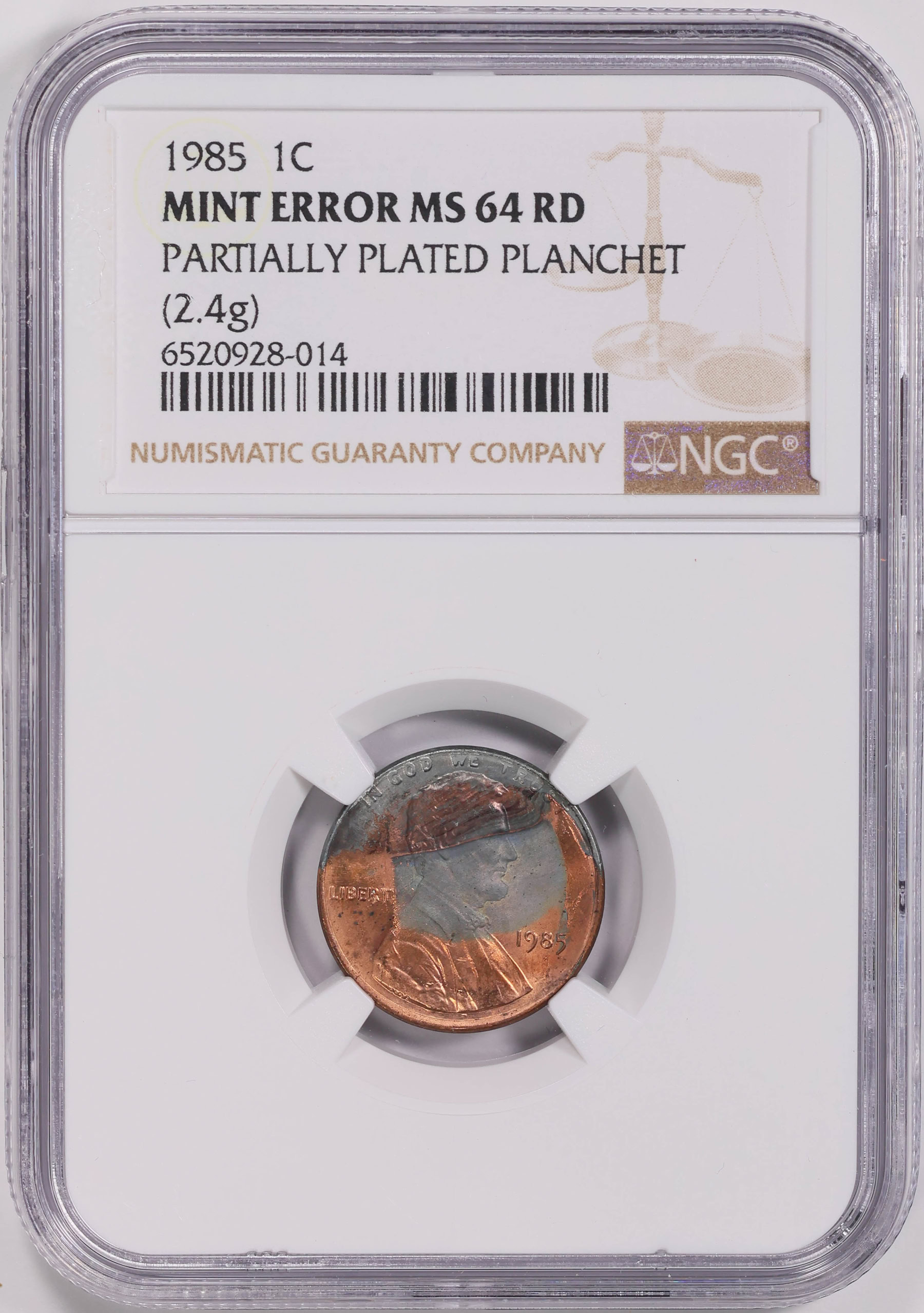 Mint Error 1985 Lincoln Cent Partially Plated Planchet (2.4g) NGC MS-64 ...