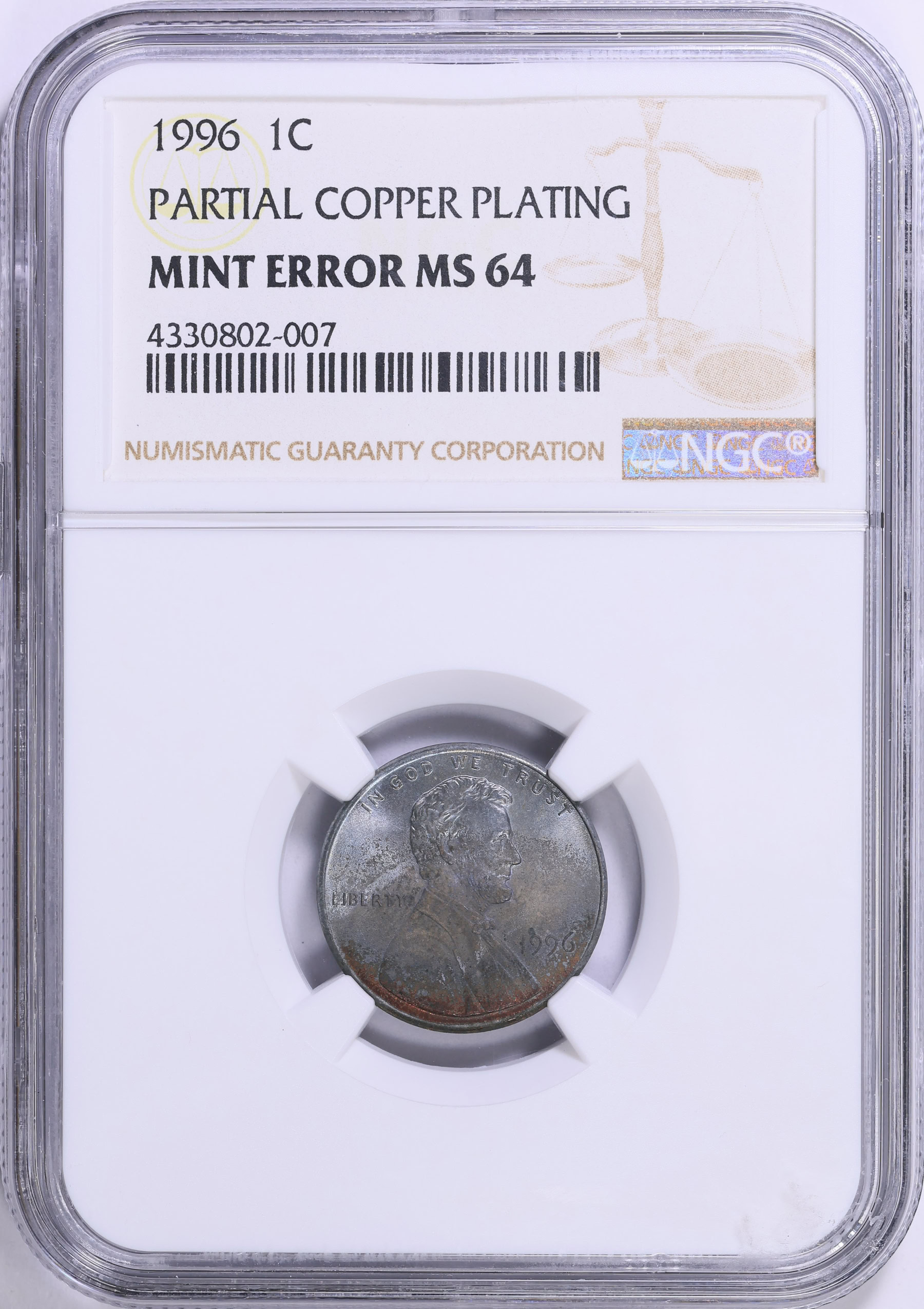 Mint Error 1996 Lincoln Cent Partial Copper Plating NGC MS-64 | NGC Cert #4330802-007 ...