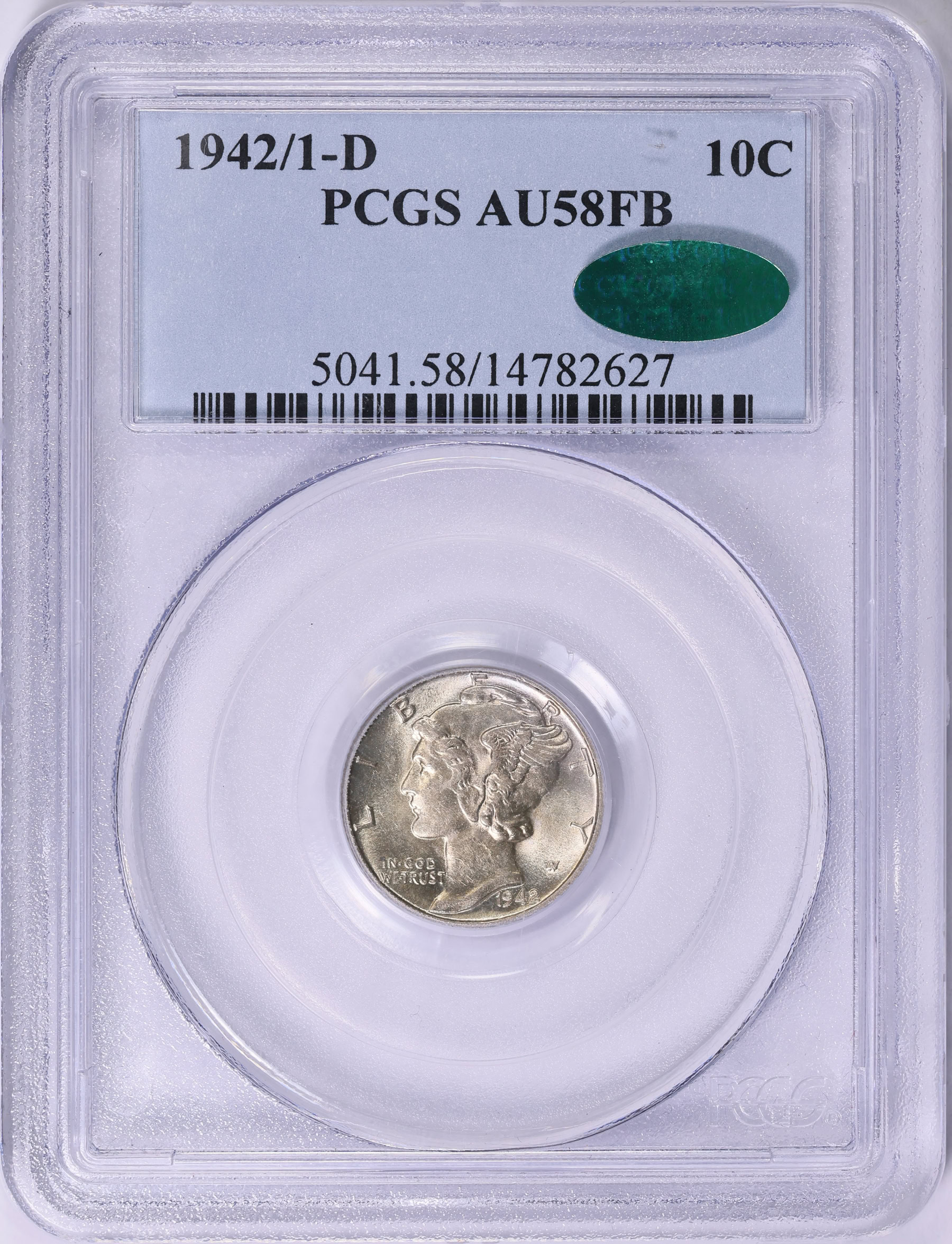 1942/1-D Mercury Dime PCGS AU-58 FB (CAC Green) (Item 1844864) | GreatCollections Coin Auctions