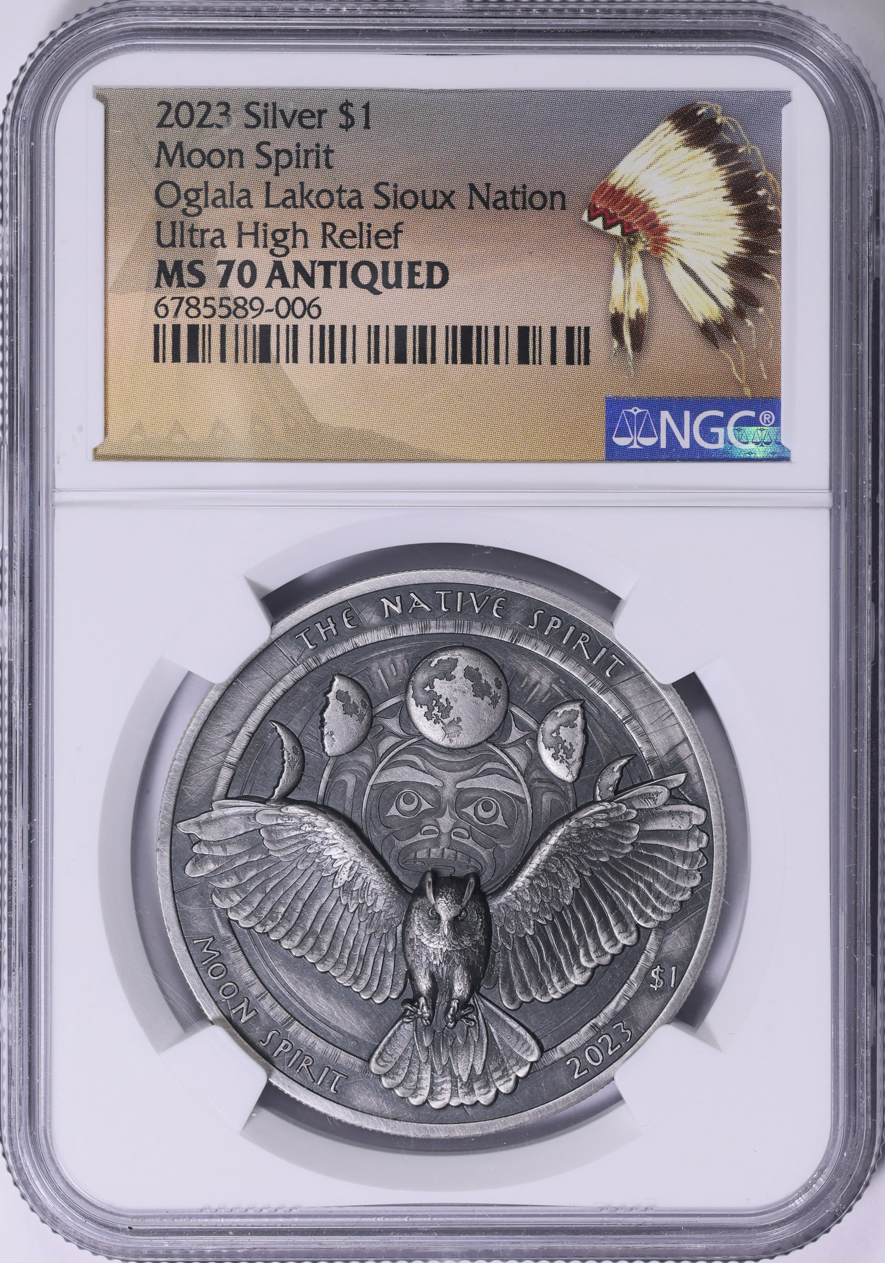 2023 Oglala Lakota Sioux Nation Silver Dollar Moon Spirit Antiqued Ultra High Relief NGC MS-70 ...
