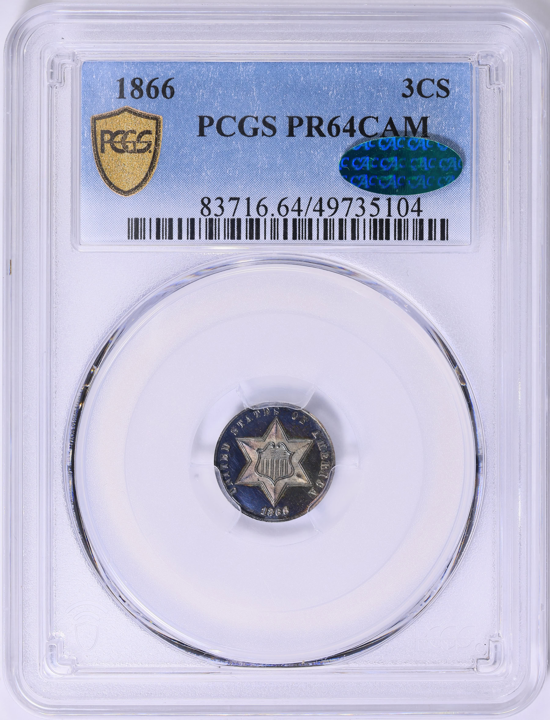 1866 Silver Three-Cent Piece PCGS Proof-64 CAMEO (CAC Green) (Toned ...