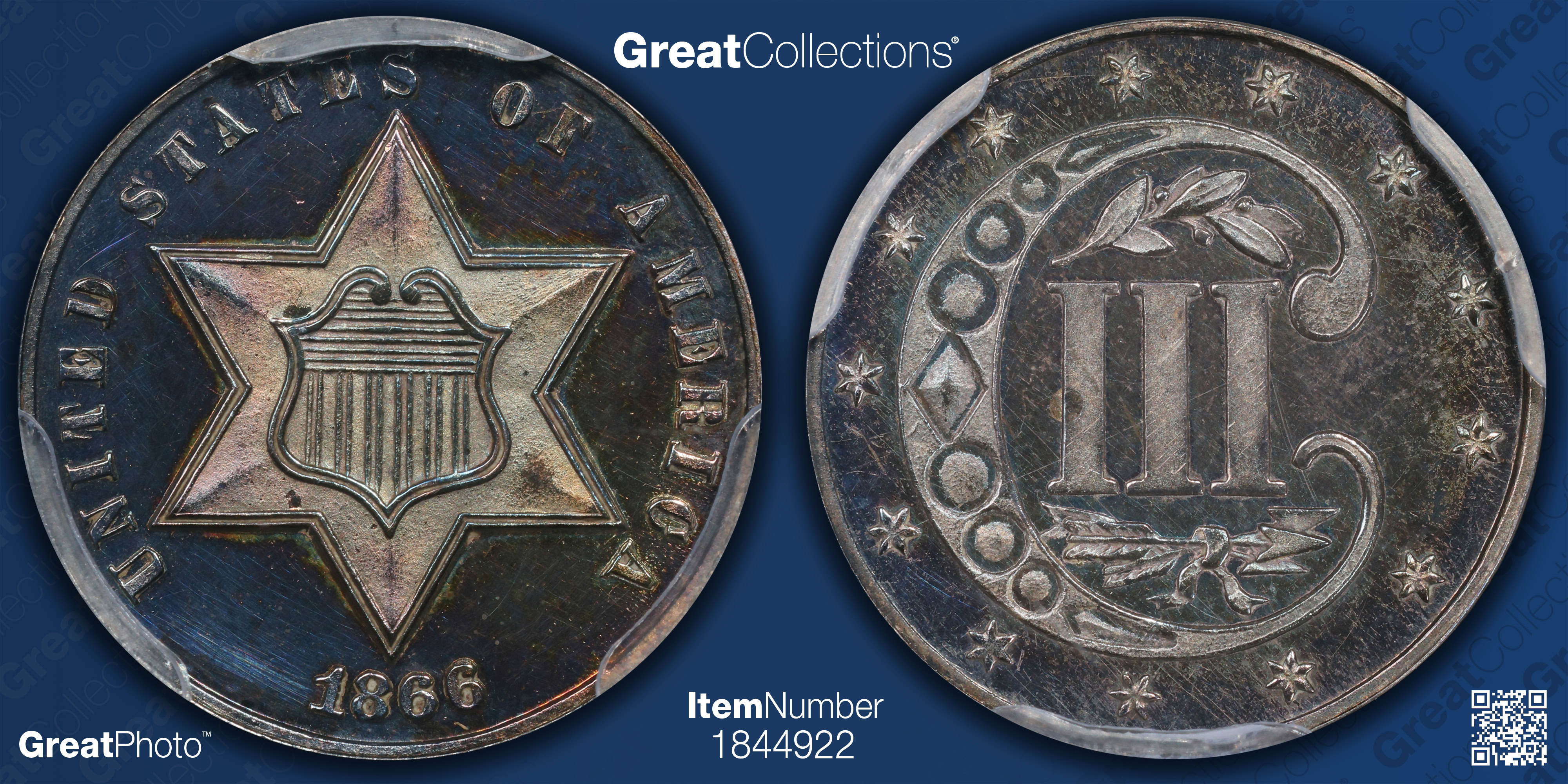 1866 Silver Three-Cent Piece PCGS Proof-64 CAMEO (CAC Green) (Toned ...