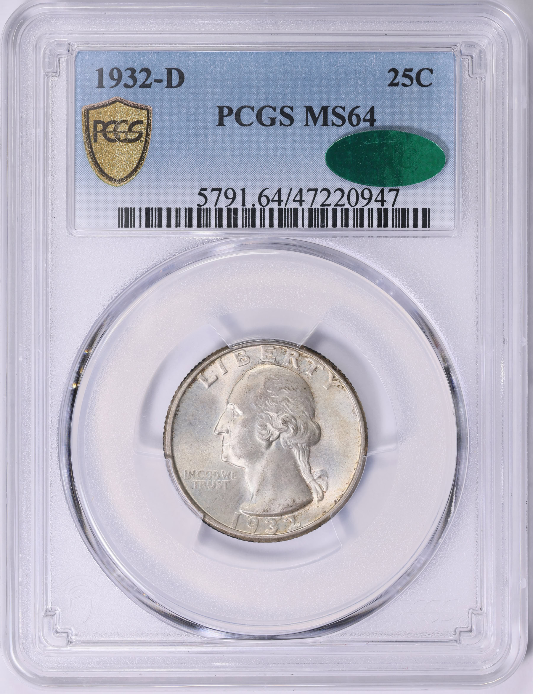 1932-D Washington Quarter PCGS MS-64 (CAC Green) (Item 1844924) | GreatCollections Coin Auctions