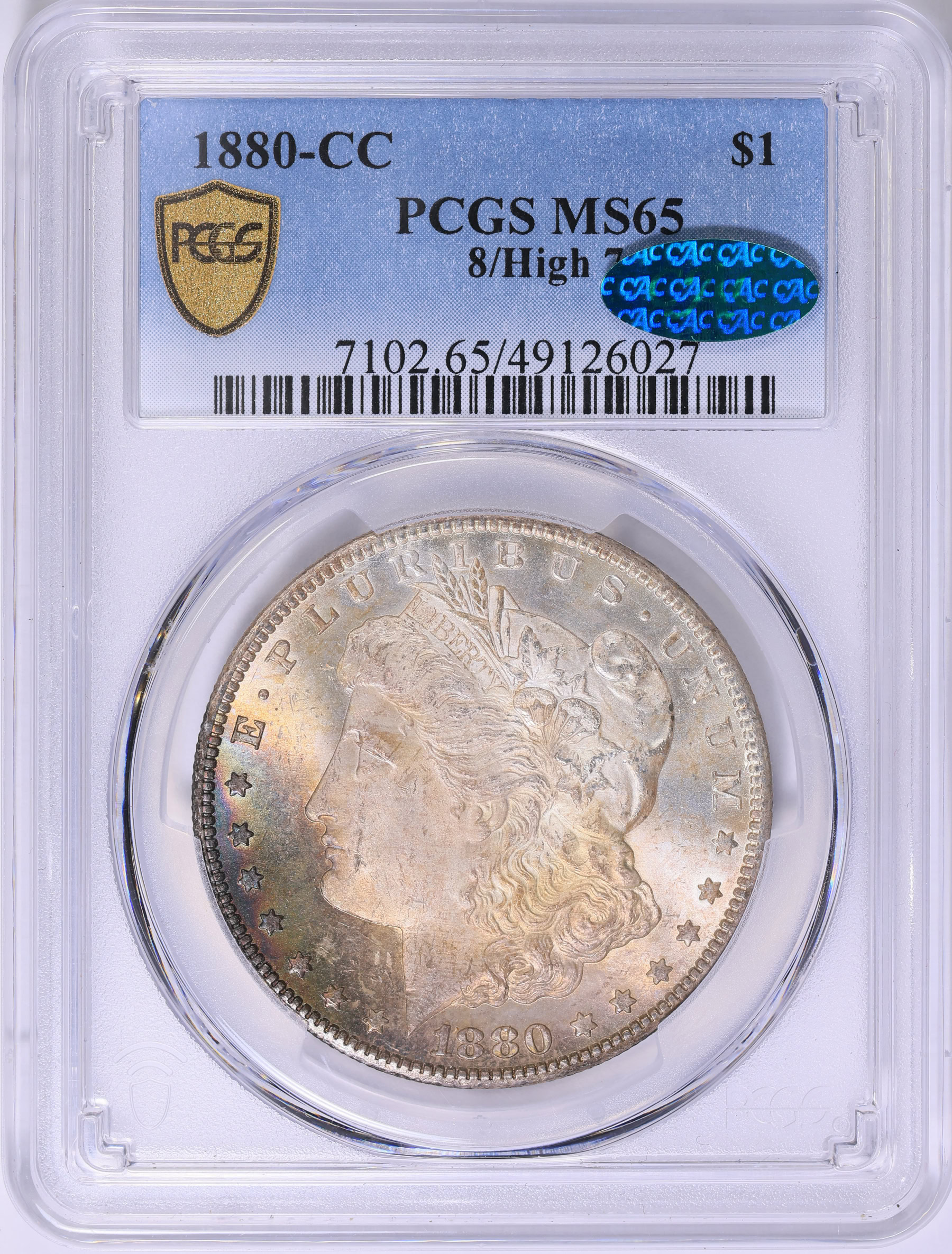 1880-CC Morgan Silver Dollar 8/High 7 PCGS MS-65 (CAC Green) (Toned) (Item 1844925 ...