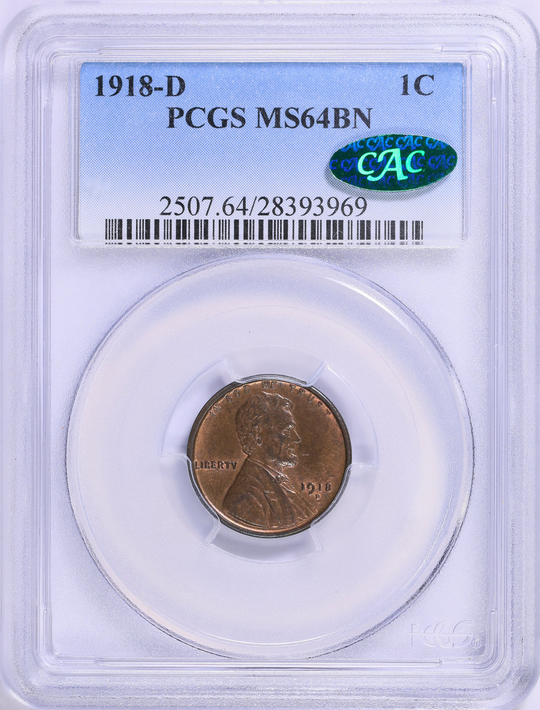 1918-D Lincoln Cent PCGS MS-64 BN (CAC Green) (Item 1844957) | GreatCollections Coin Auctions