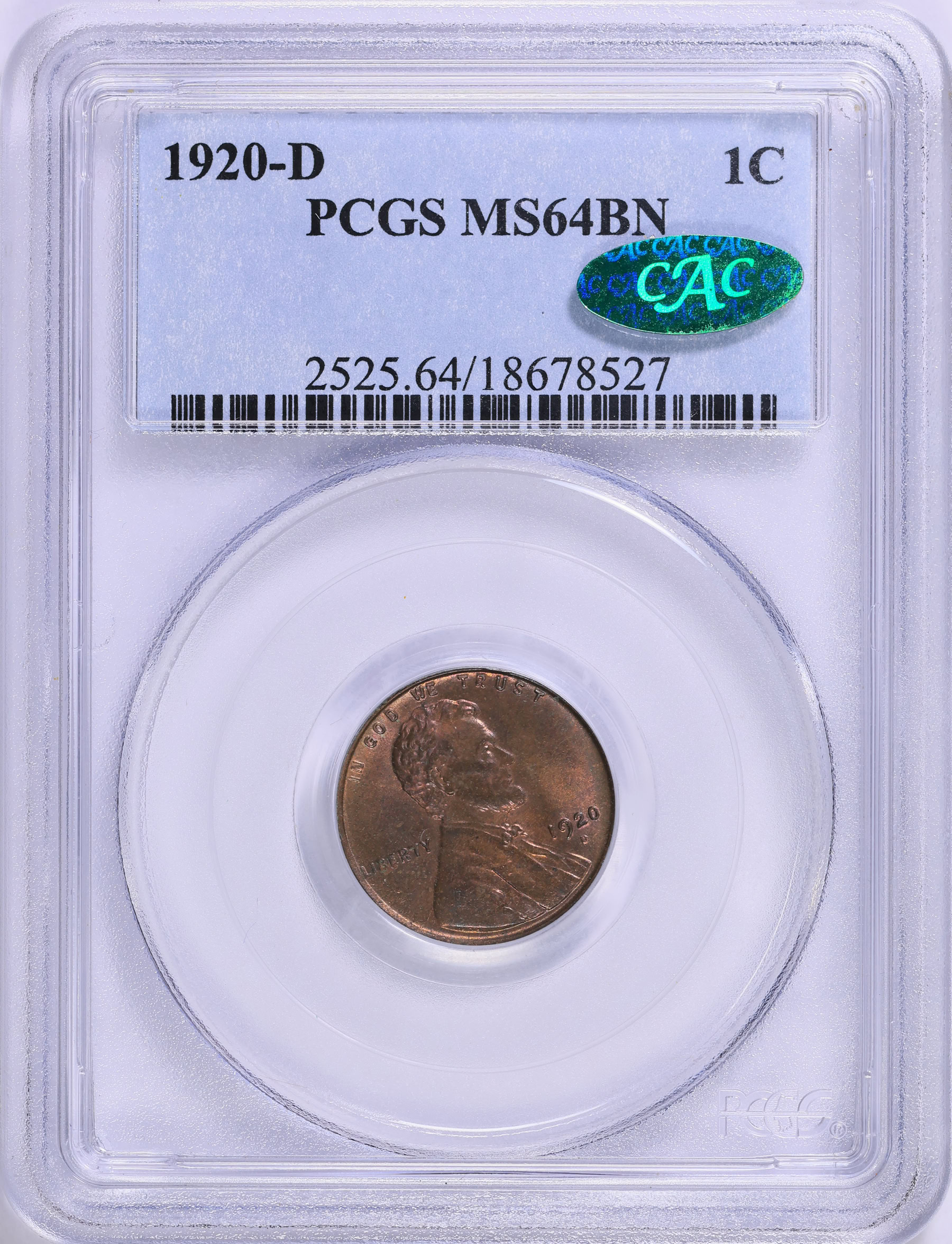 1920-D Lincoln Cent PCGS MS-64 BN (CAC Green) (Item 1844958) | GreatCollections Coin Auctions