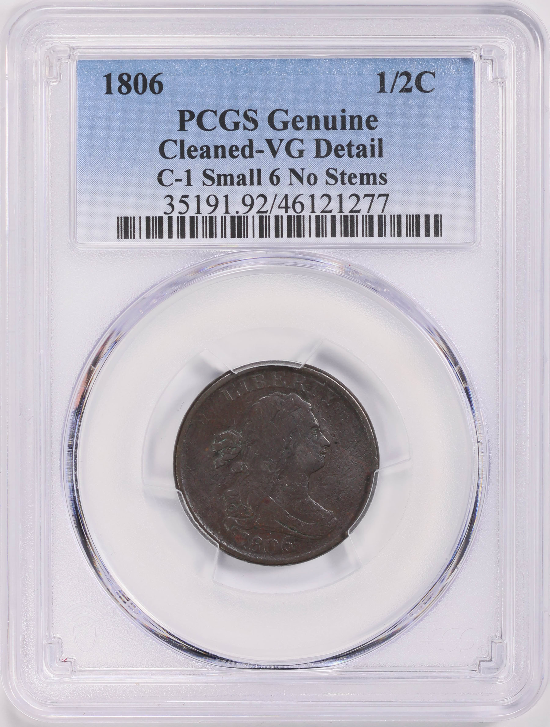 1806 Draped Bust Half Cent Small 6, No Stems Cohen 1 PCGS Genuine VG Details (Item 1844963 ...