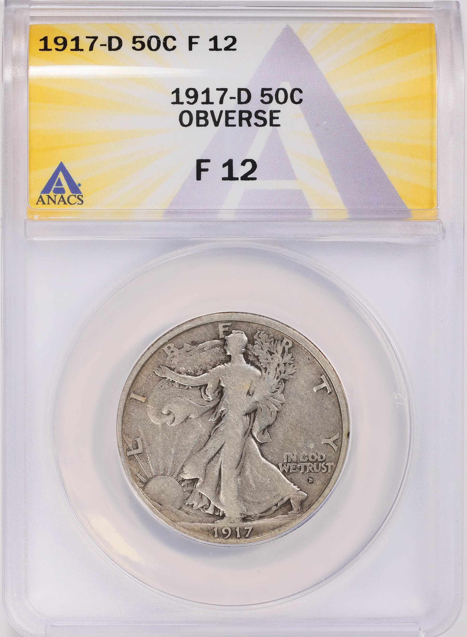1917-D Walking Liberty Half Dollar Obverse ANACS F-12 (Item 1845073) | GreatCollections Coin ...