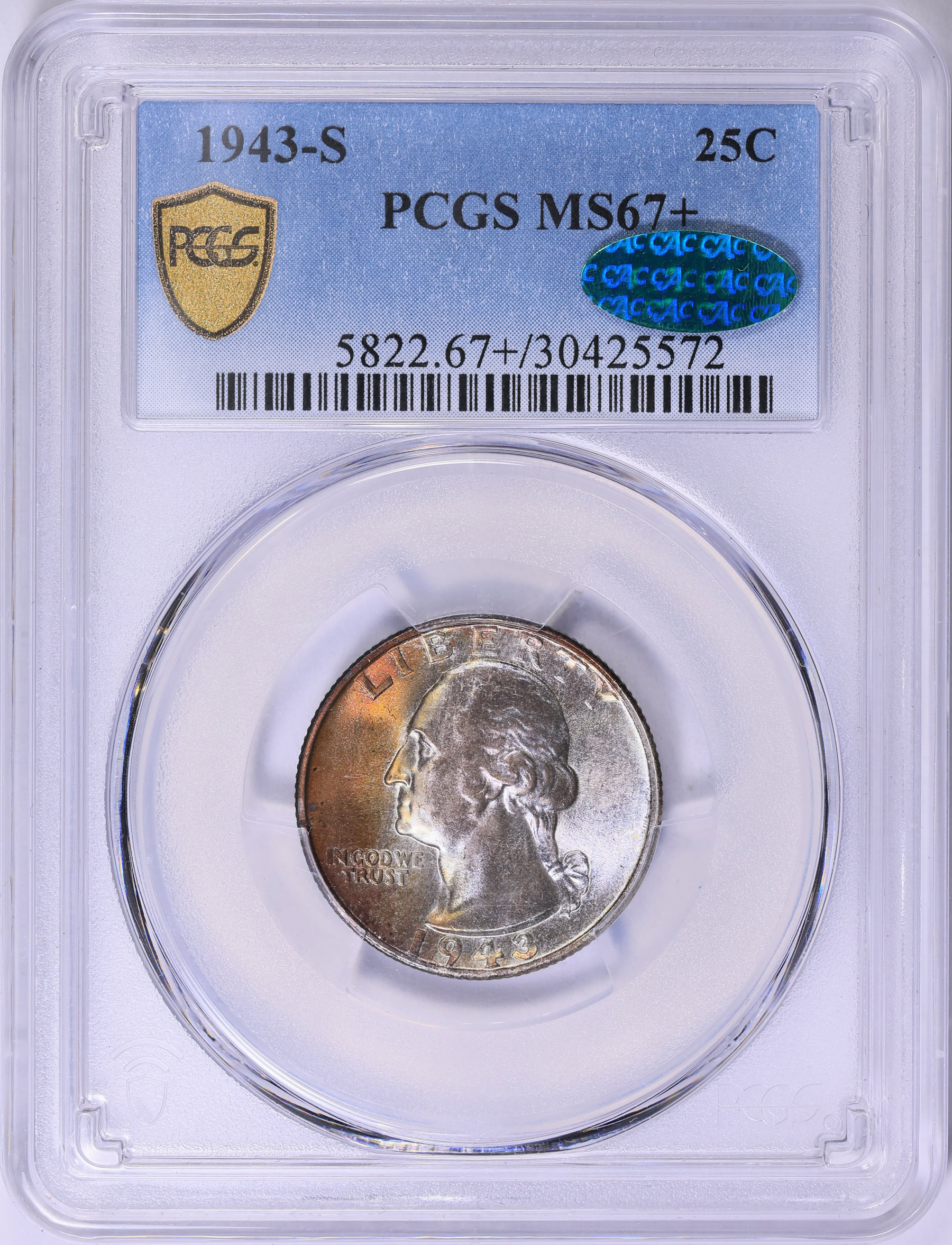 1943-S Washington Quarter PCGS MS-67+ (CAC Green) (Toned) (Item 1845101) | GreatCollections Coin ...