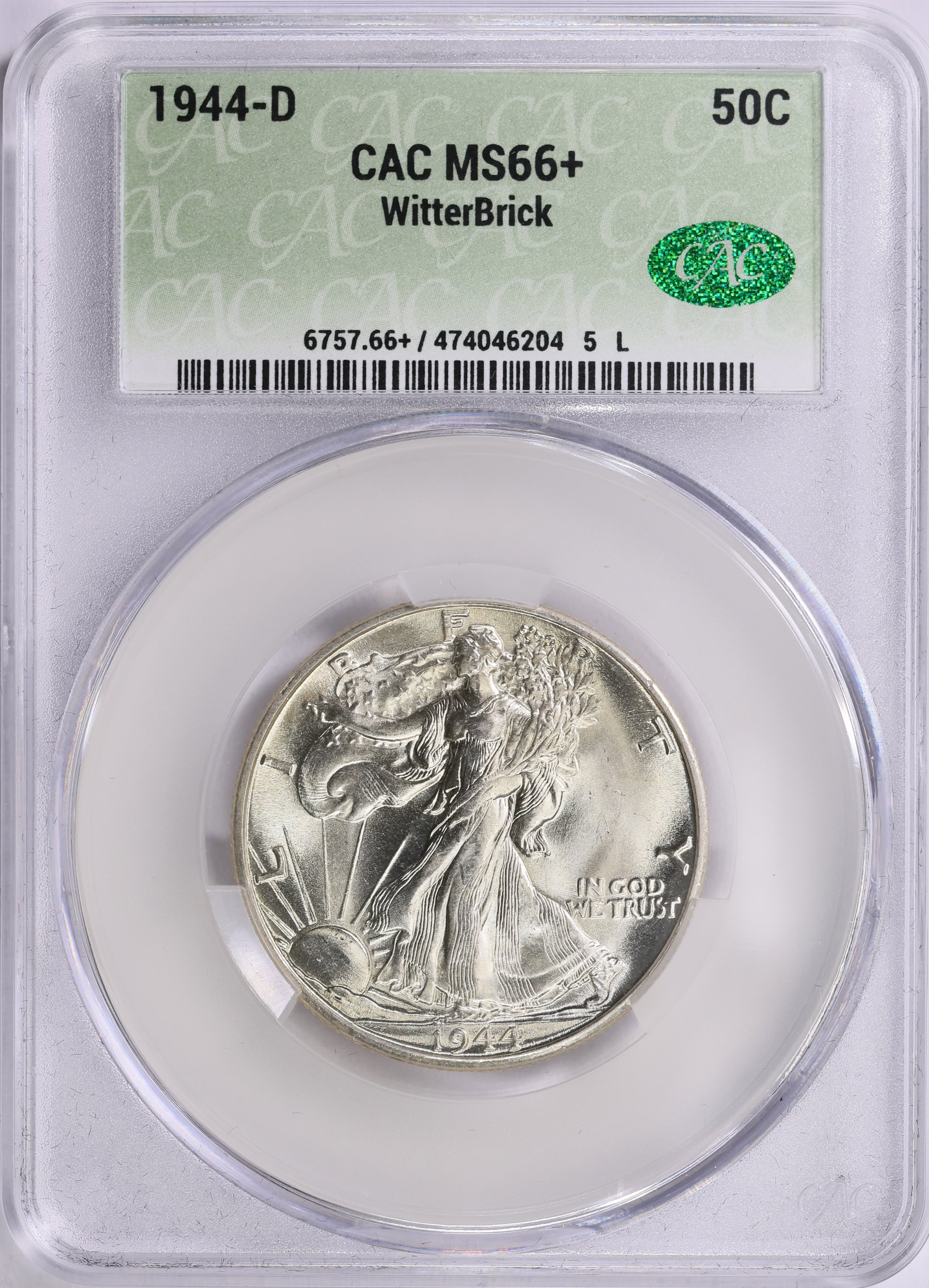1944-D Walking Liberty Half Dollar CACG MS-66+ (WitterBrick, Signed Seth Chandler) (Item 1845111 ...