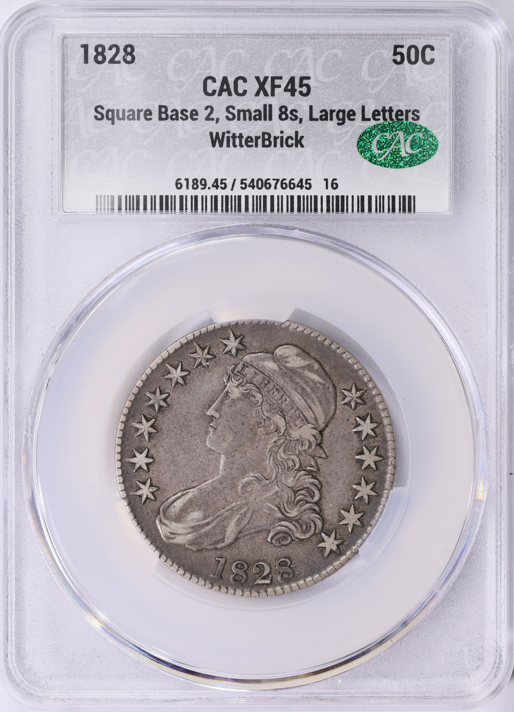 1828 Capped Bust Half Dollar Square Base 2, Small 8s, Large Letters CACG XF-45 (WitterBrick ...