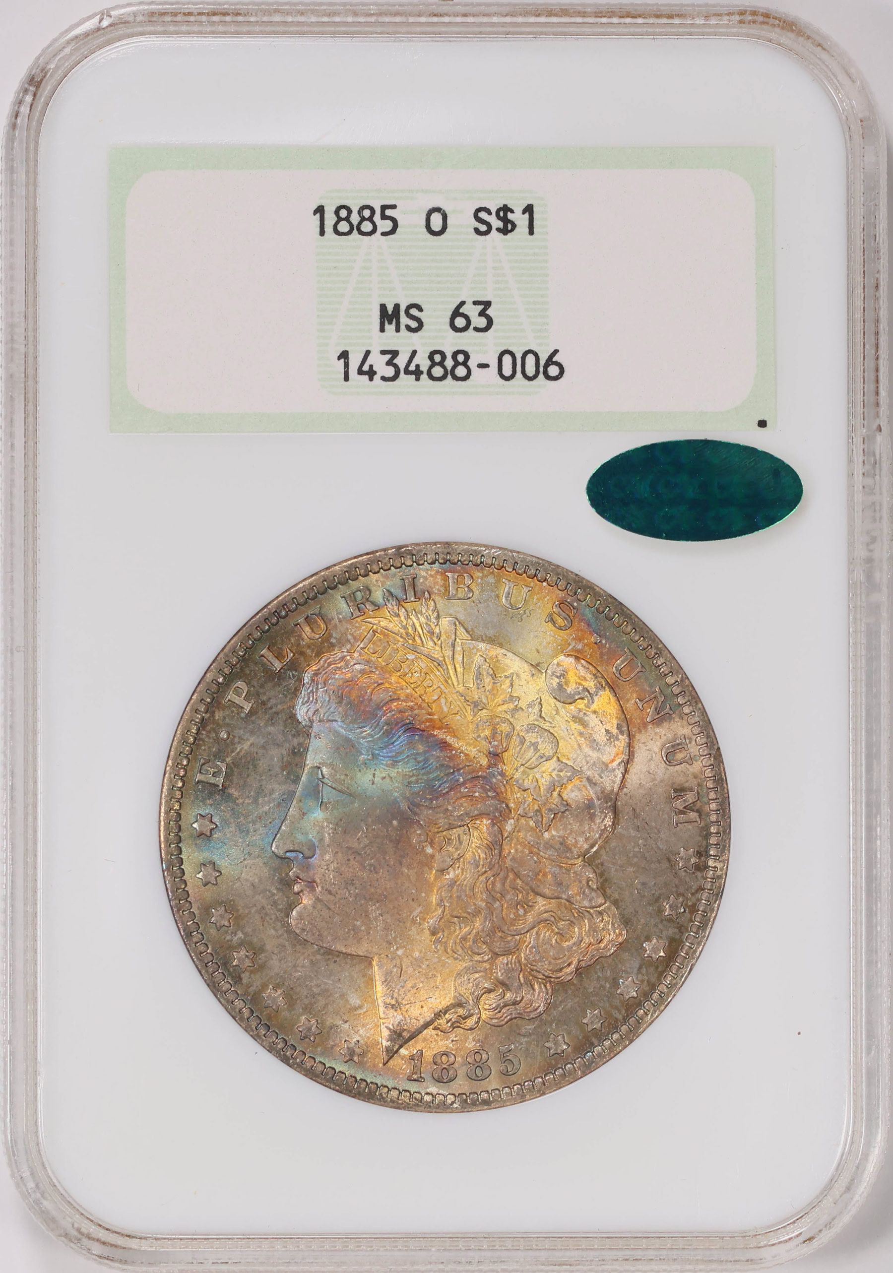 1885-O Morgan Silver Dollar NGC MS-63 (CAC Green) OH (Toned) (Item 1845144) | GreatCollections ...