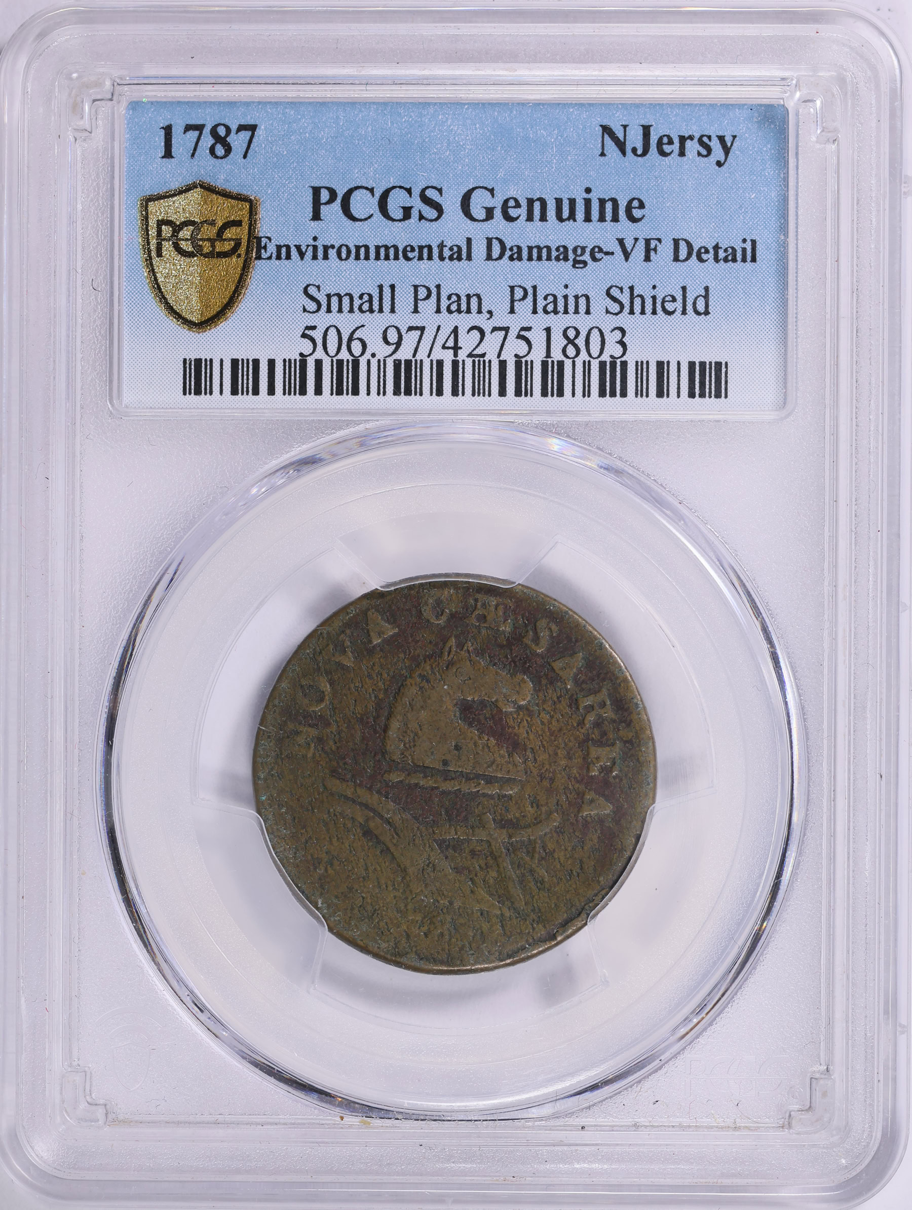 1787 New Jersey Copper Small Planchet, Plain Shield PCGS Genuine VF ...