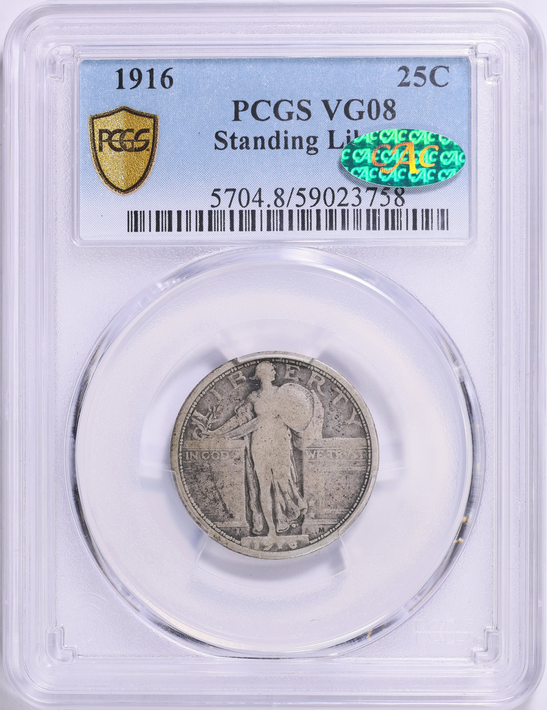 1916 Standing Liberty Quarter PCGS VG-8 (CAC Green) (Item 1845242) | GreatCollections Coin Auctions