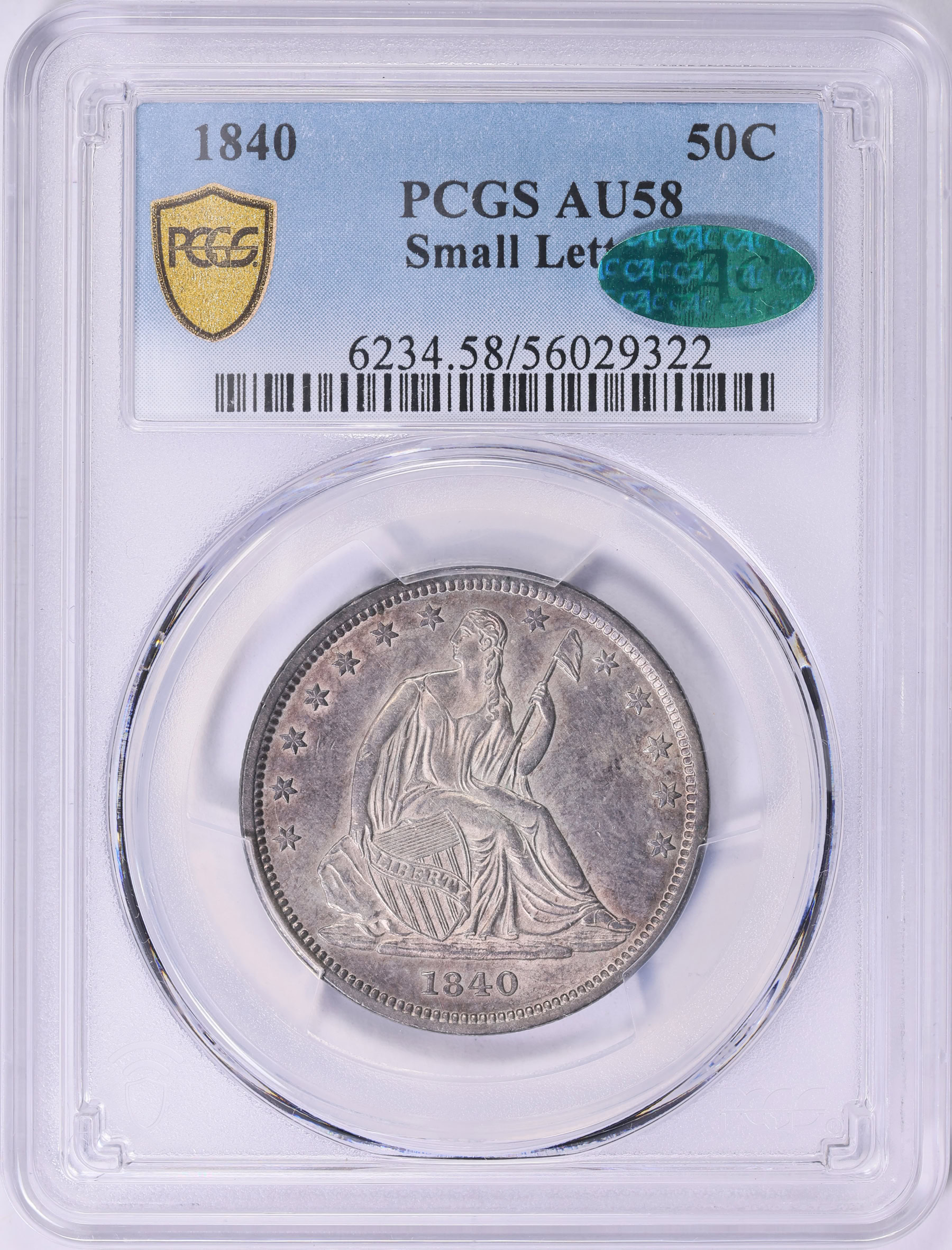 1840 Seated Liberty Half Dollar Reverse of 1839 PCGS AU-58 (CAC Green) (Toned) (Item 1845243 ...