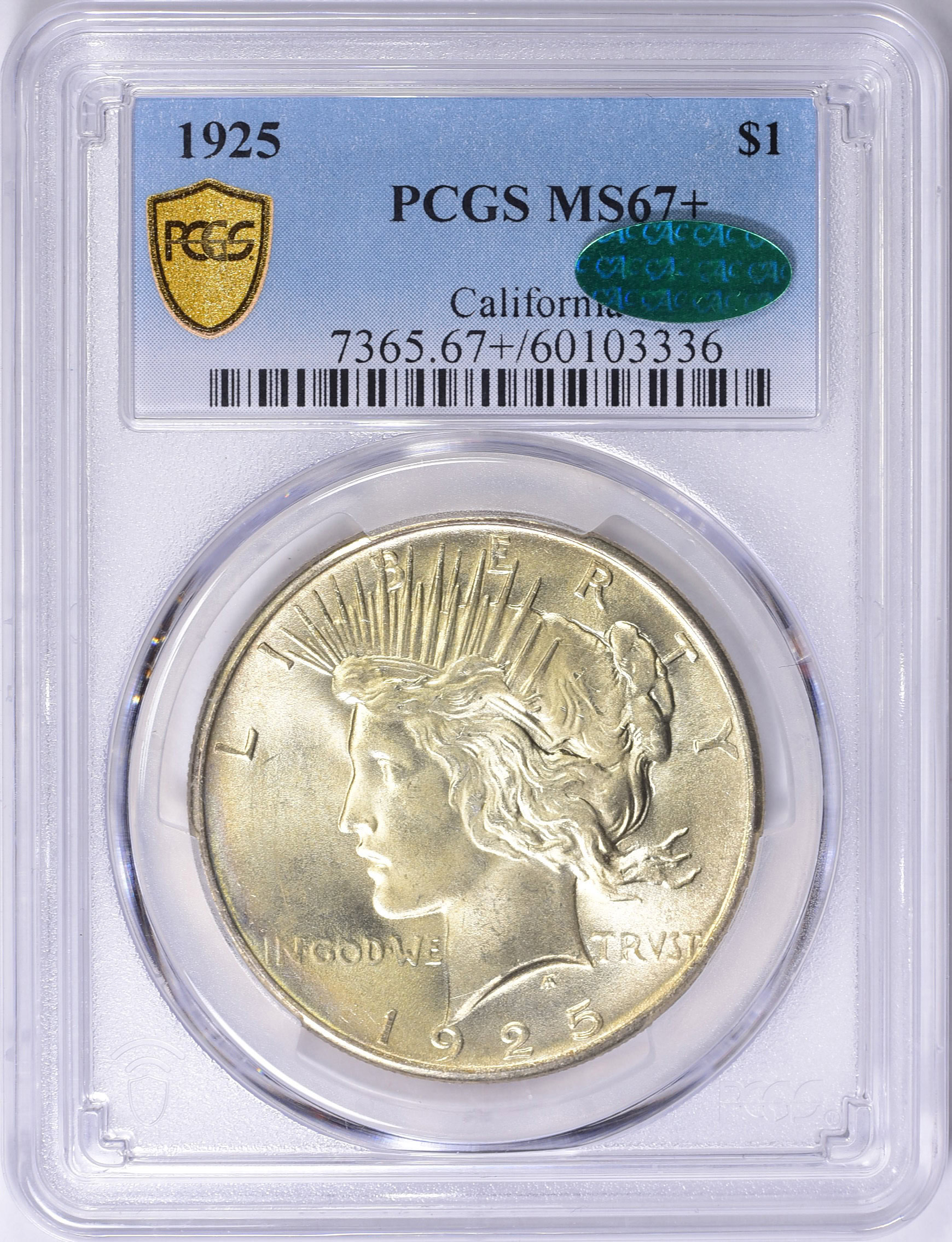 1925 Peace Silver Dollar PCGS MS-67+ (CAC Green) (California Collection ...